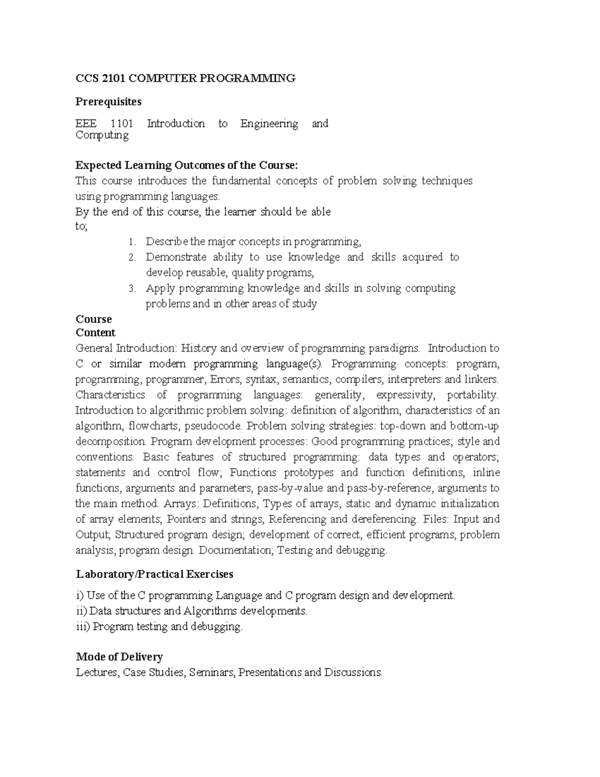 CCS 2101 Computer Programming: Fundamentals and Problem Solving Techniques - Studocu