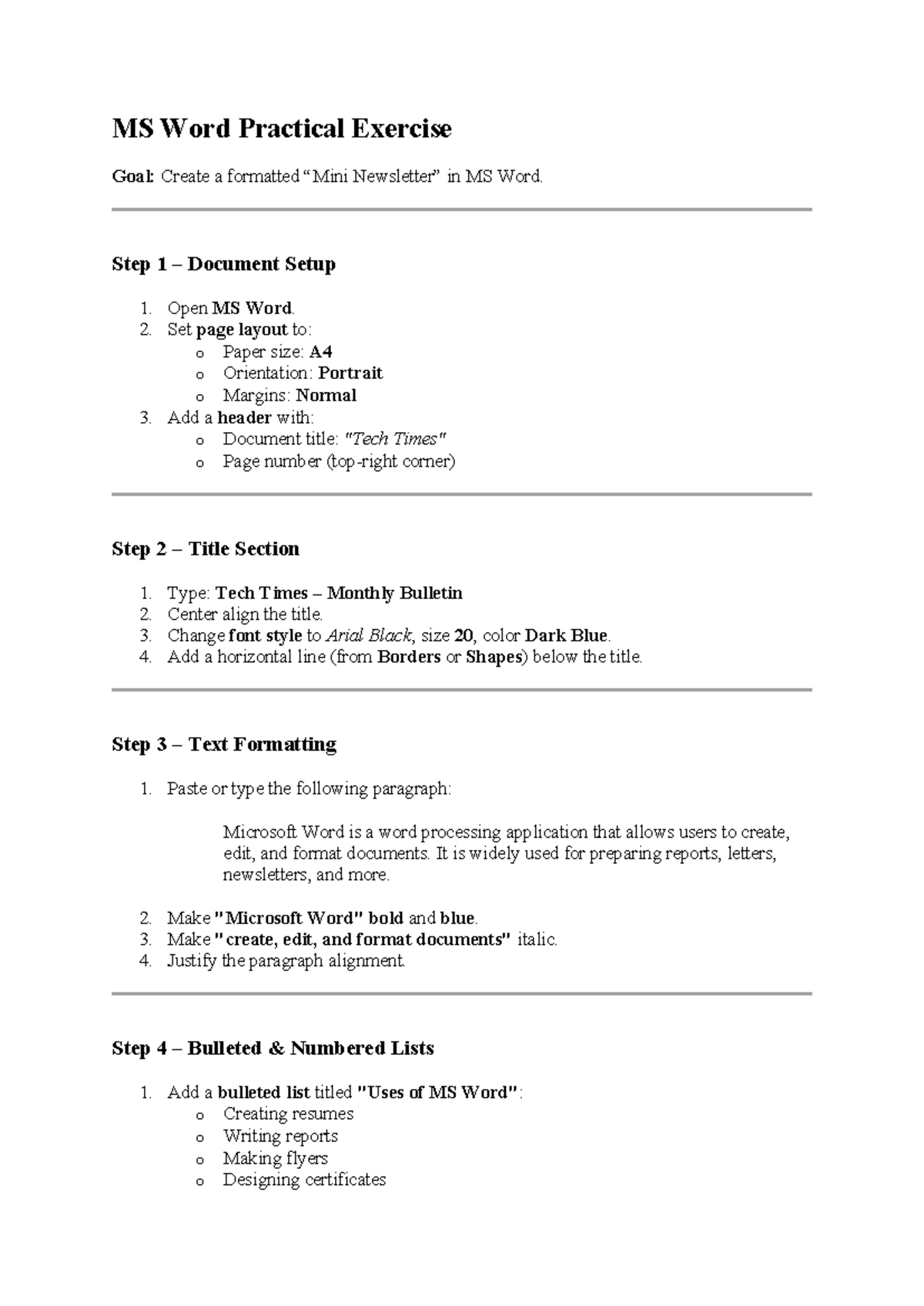 MS Word Practical Exercise: Formatting & Features Guide - Studocu