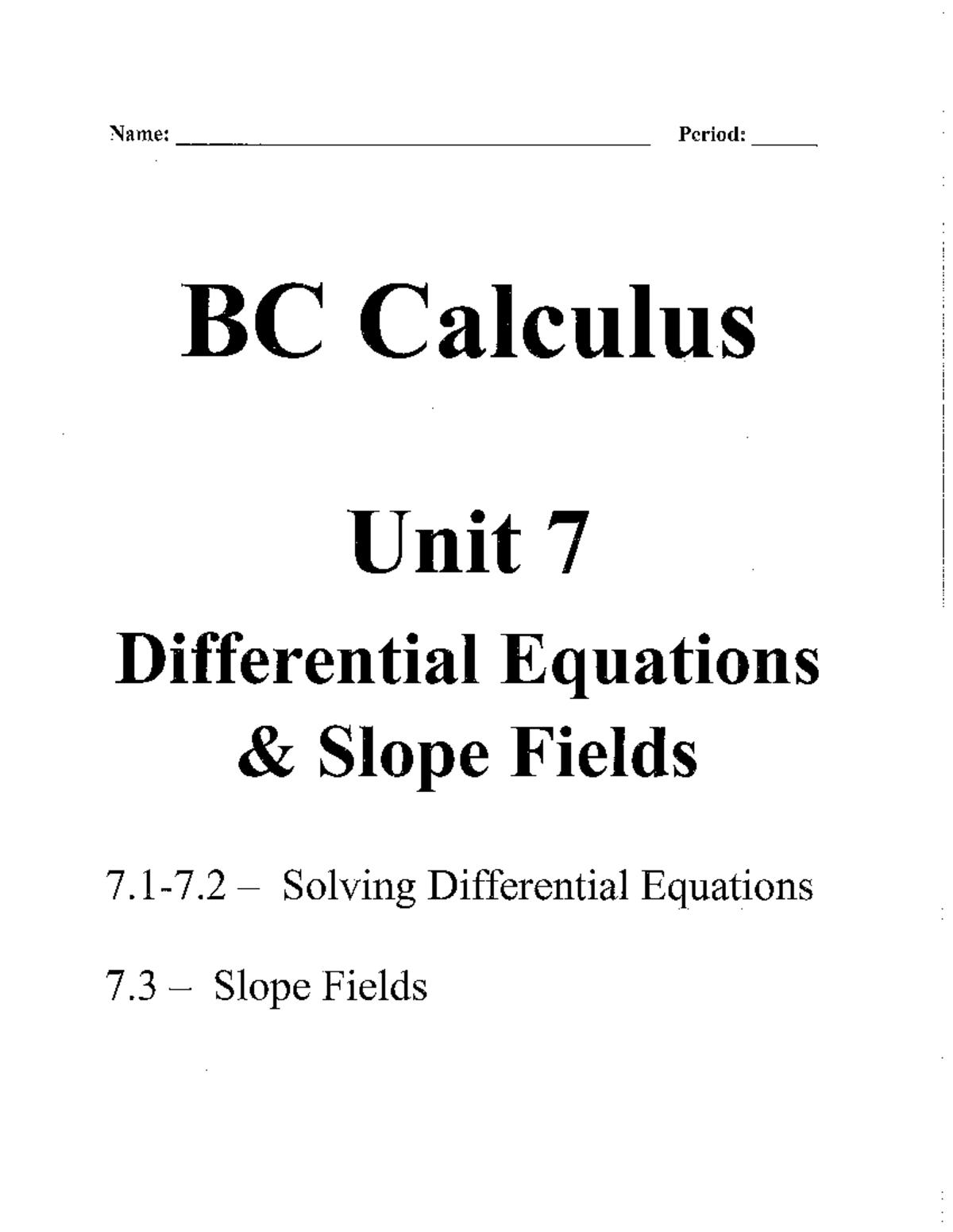 BC Calculus Unit 7 Differential Equations Notes Packet - Studocu