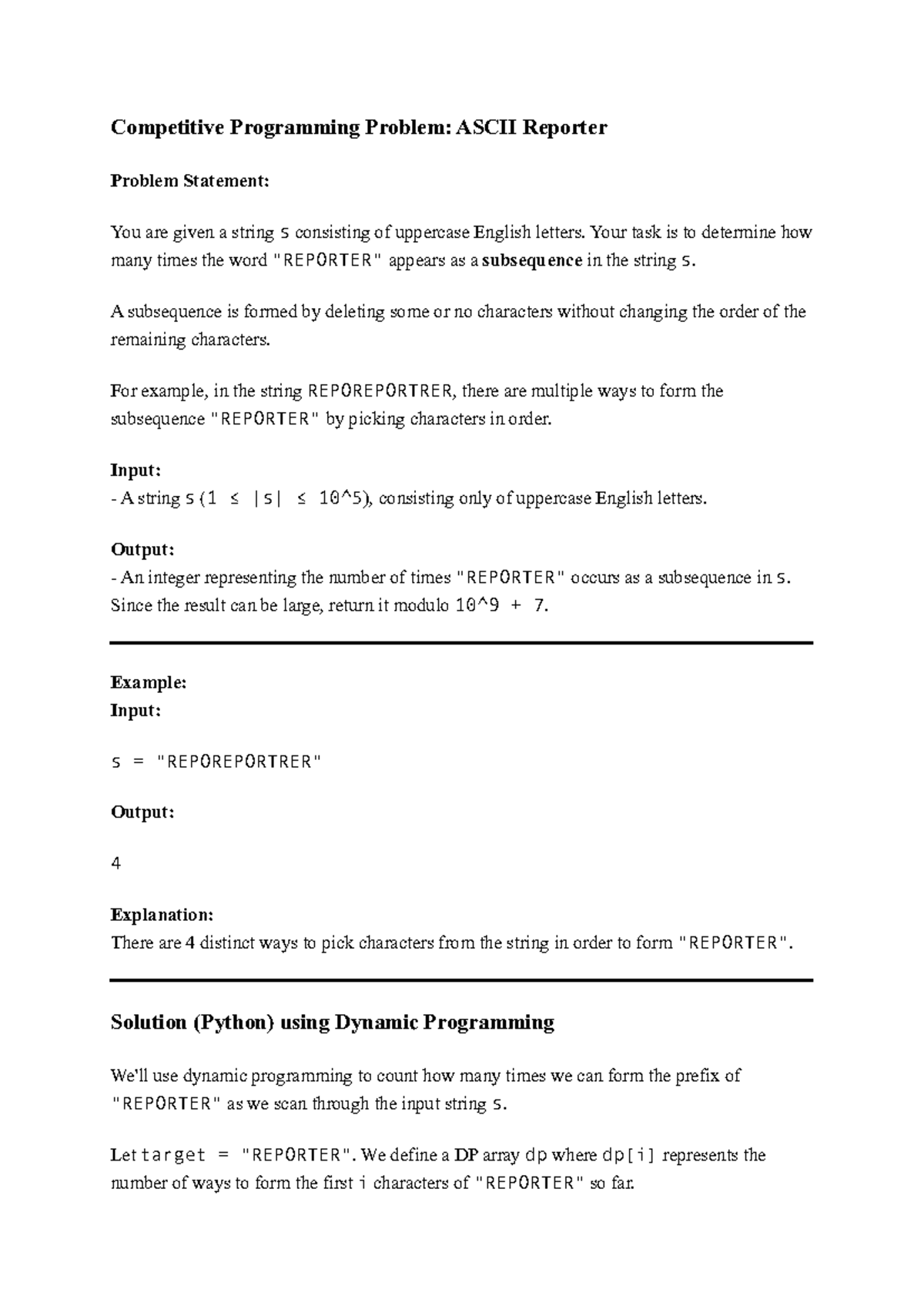 Competitive Programming: ASCII Reporter Assignment (CP-ASCII) - Studocu