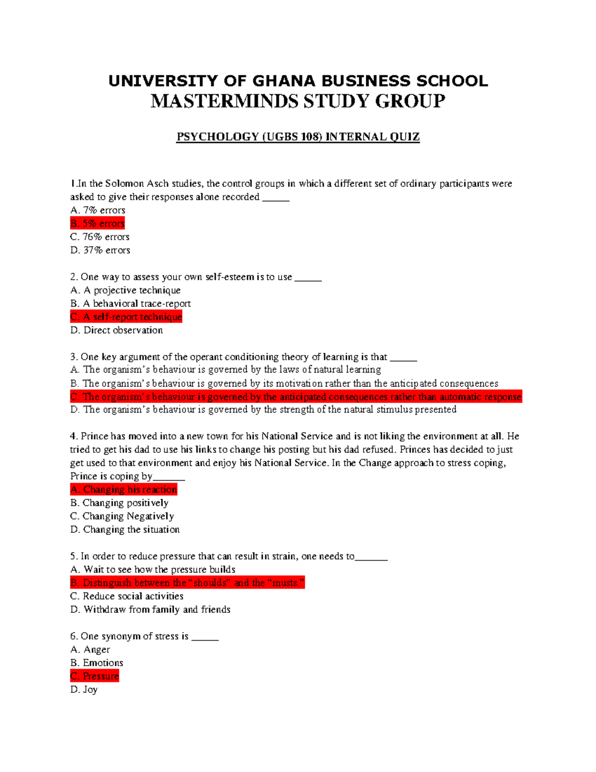 Masterminds Psychology Question BANK- UGBS 108 2 - UNIVERSITY OF GHANA ...