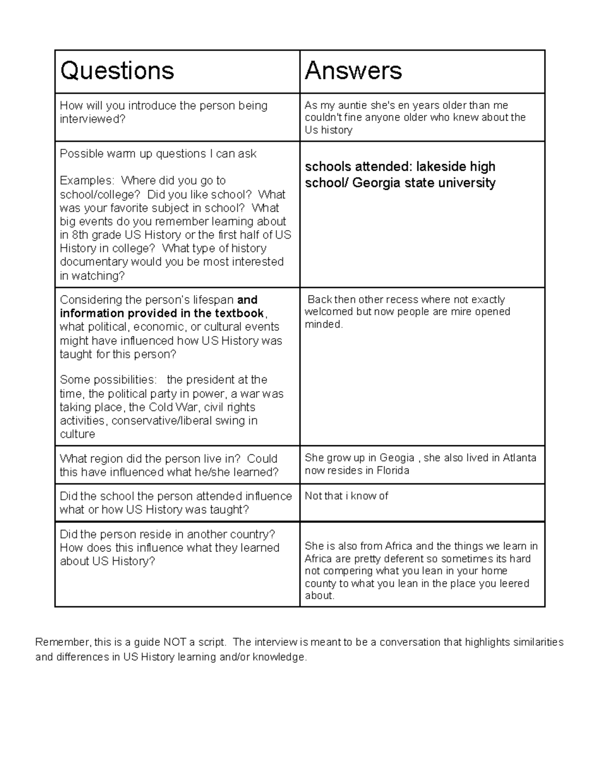Family History Interview Guide for Story Corps GO 1301 - Studocu