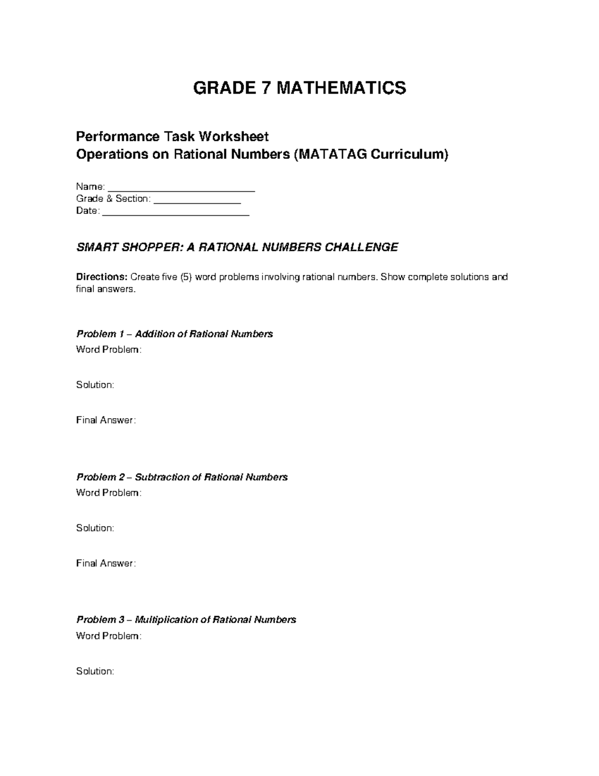 Grade 7 Rational Numbers Performance Task Worksheet - GRADE 7 MATHEMATICS Performance Task ...