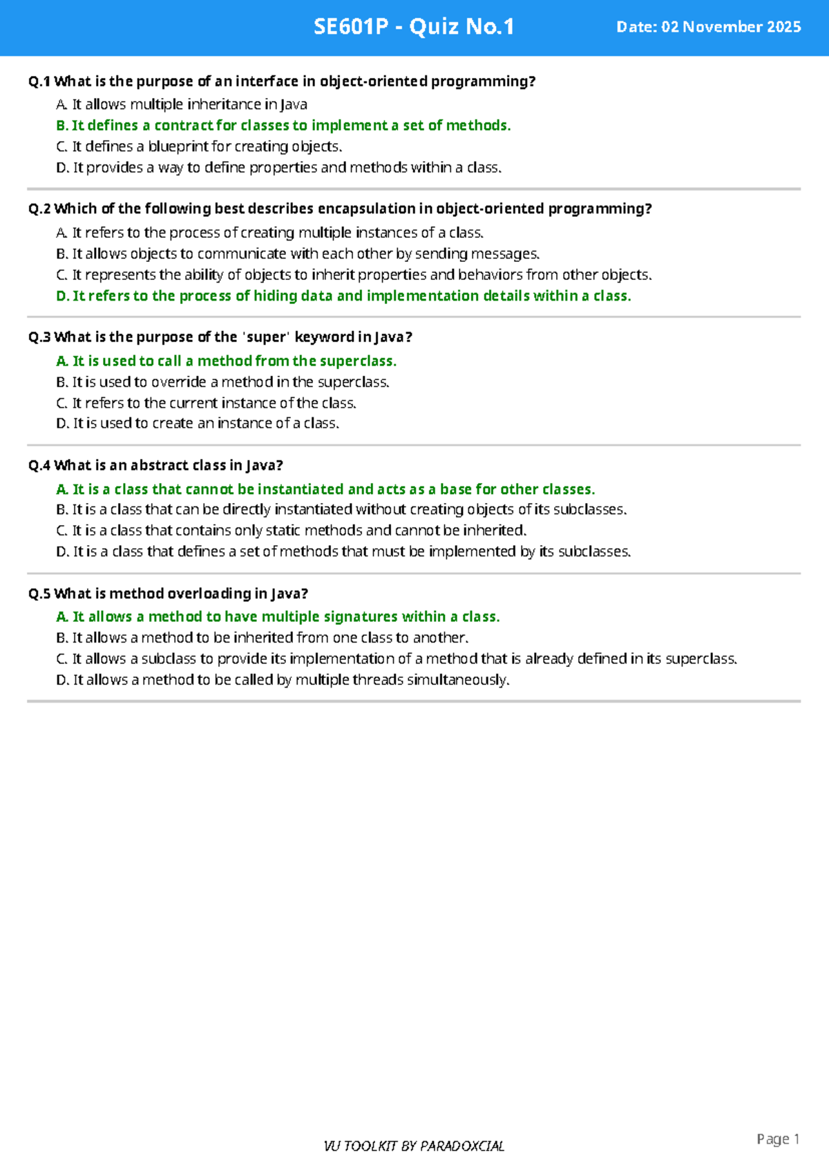 SE601P Quiz No.1 - Programming Concepts and Java Fundamentals - Studocu