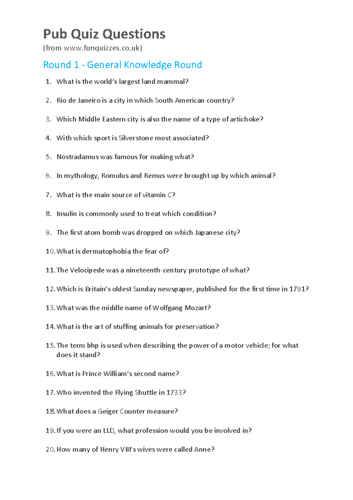 Pub Quiz Questions 1 - Random - Pub Quiz Questions (from funquizzes.co ...