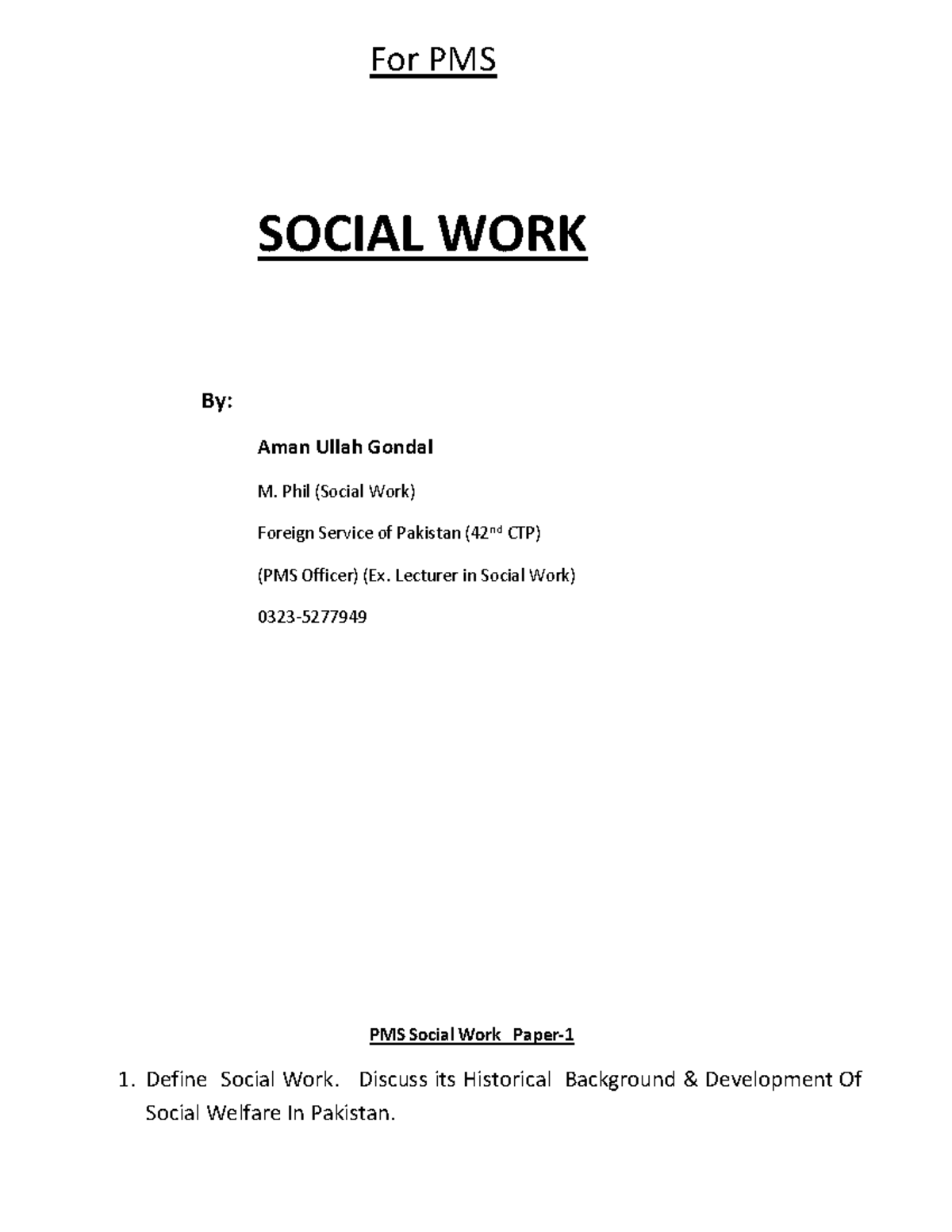 PMS Social Work Paper: Key Concepts and Social Issues in Pakistan - Studocu