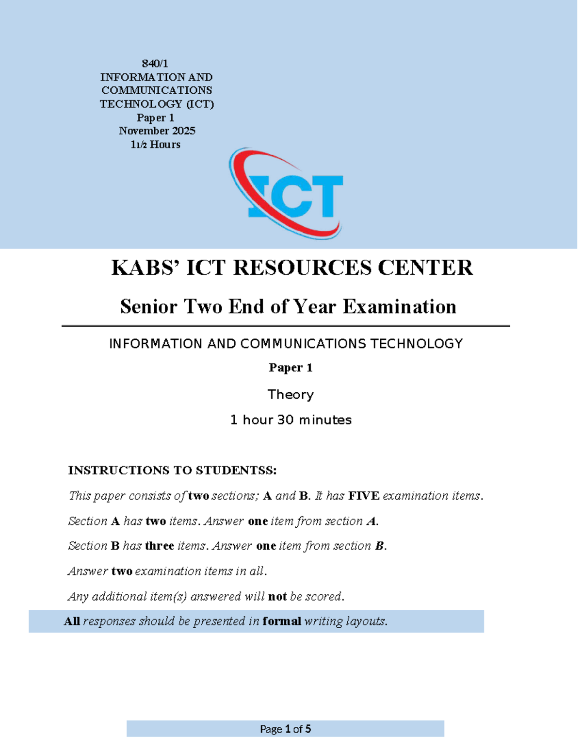 ICT Paper 1 End of Year Exam - November 2025 Guide - Studocu