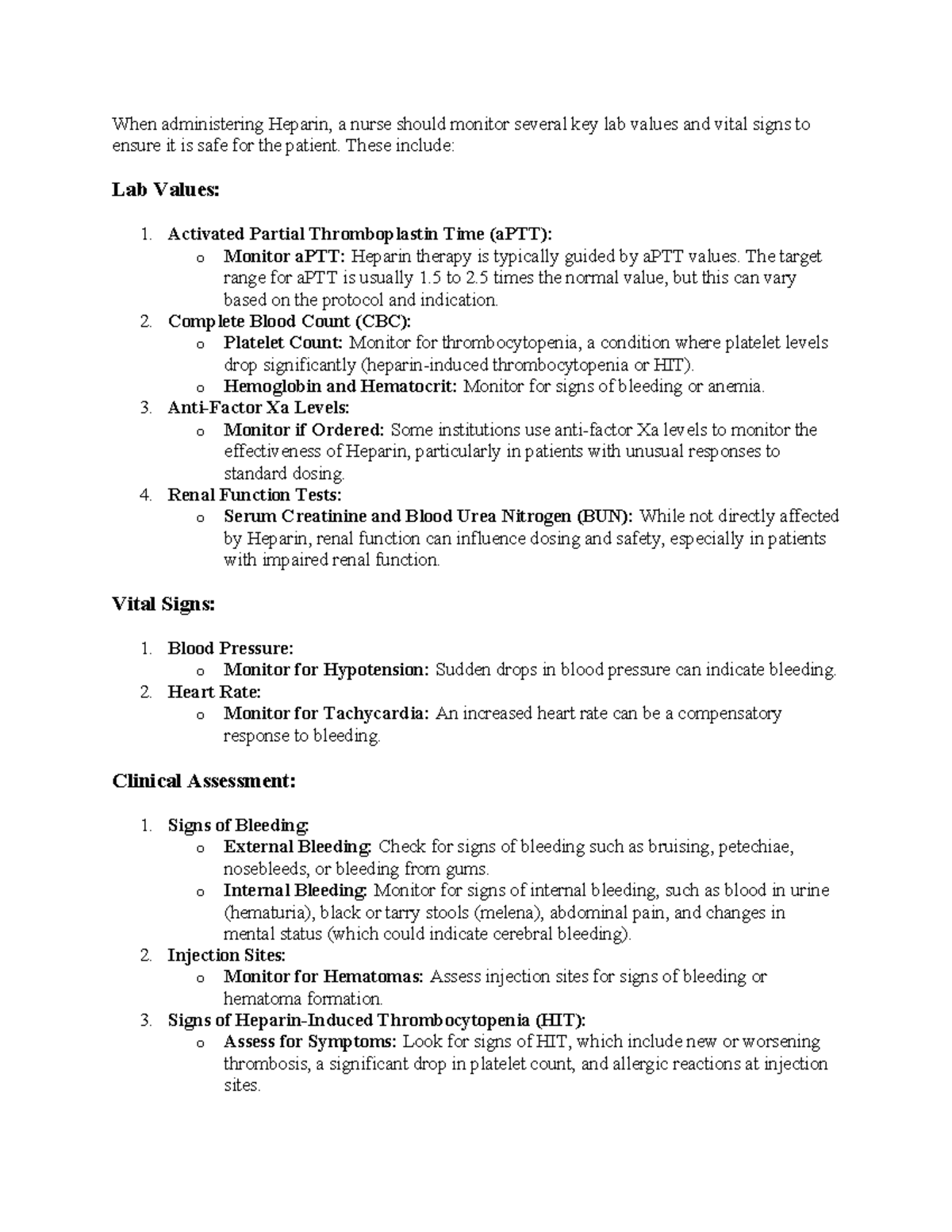 Monitoring Heparin Therapy: Lab Values & Vital Signs Assessment - Studocu
