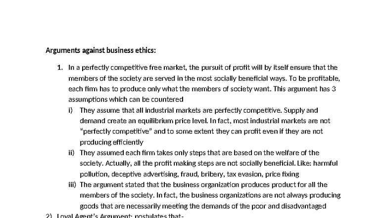 Arguments For and Against Business Ethics: A Critical Analysis - Studocu