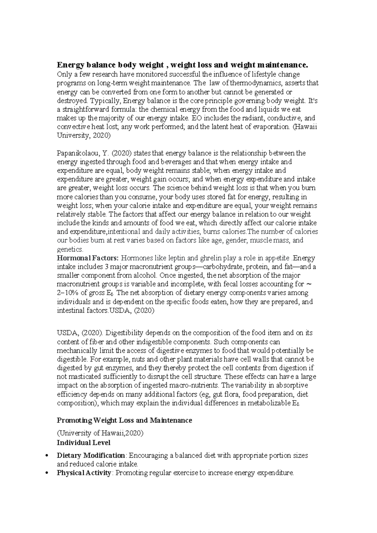 Nutrition Unit 6 Assignment: Energy Balance, Weight Loss & Maintenance ...