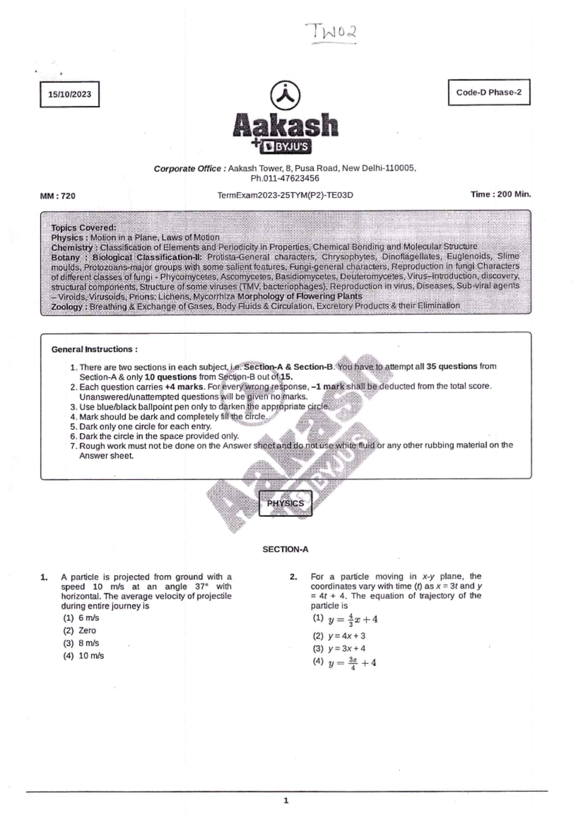 TE 03D QP - Aakash: Comprehensive Guide to Physics, Chemistry, and ...