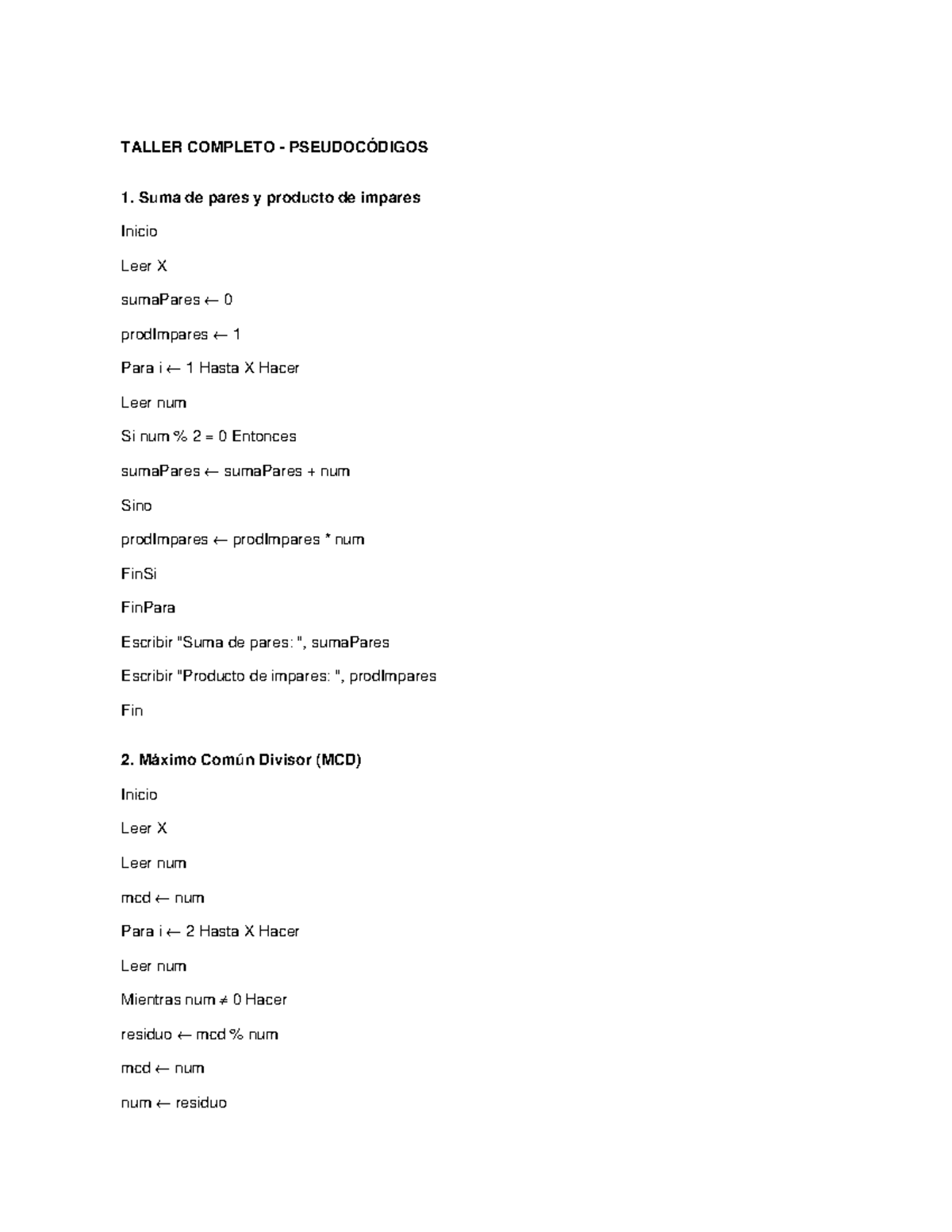 Taller Completo Pseudocódigos: Suma, MCD, MCM y Calificaciones - Studocu