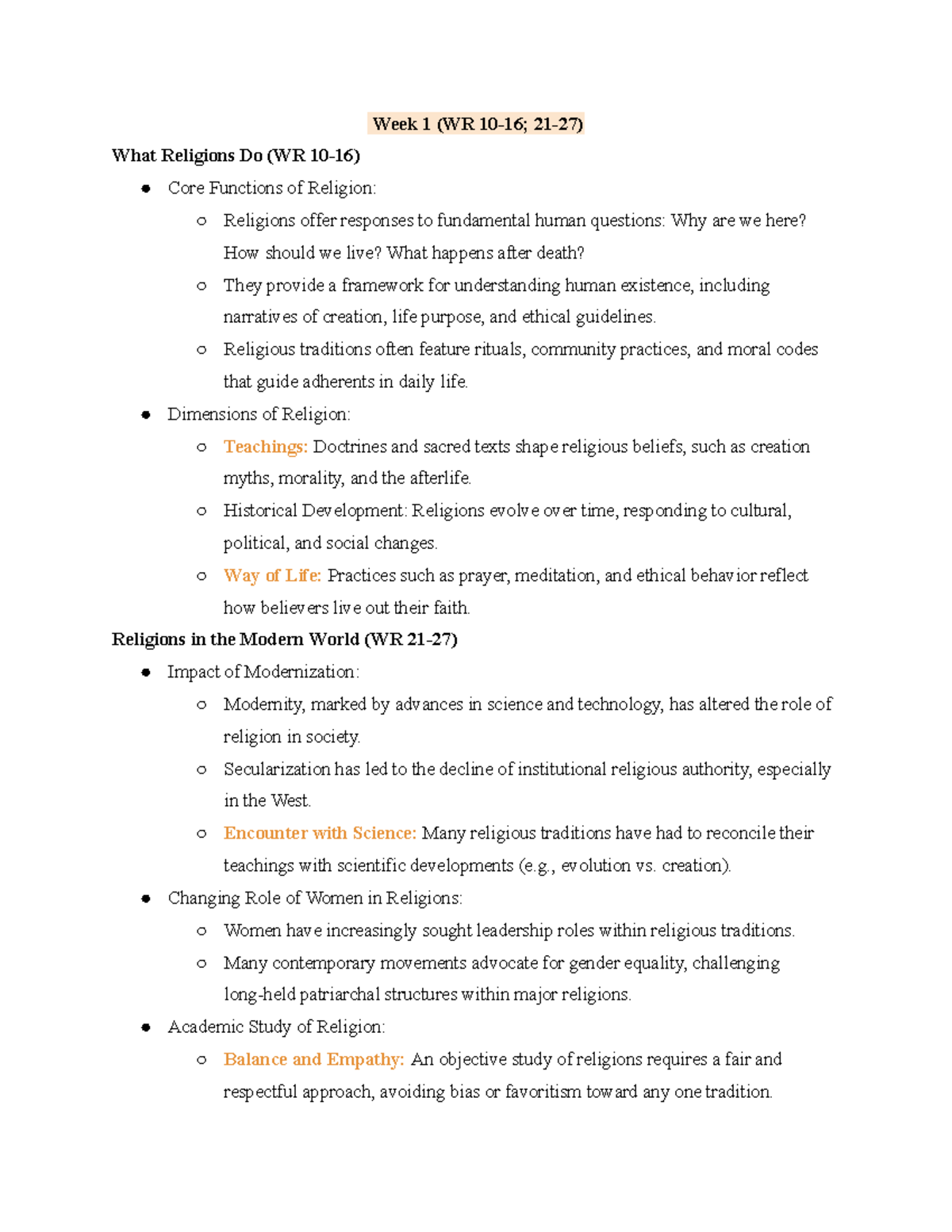 Reading Notes - Week 1 (WR 10-16; 21-27) What Religions Do (WR 10-16 ...