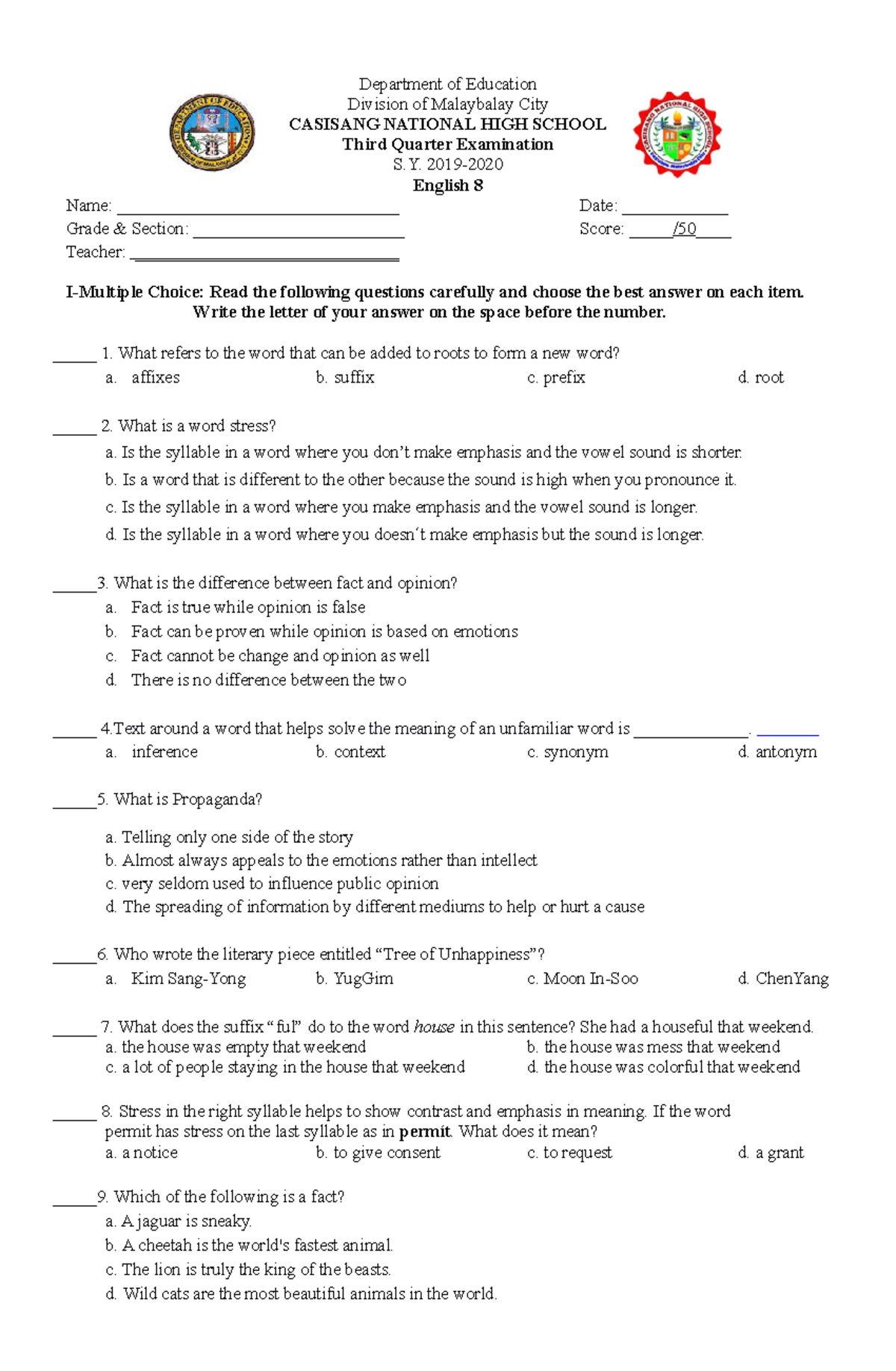3rd quarter exam - worksheet - Department of Education Division of ...