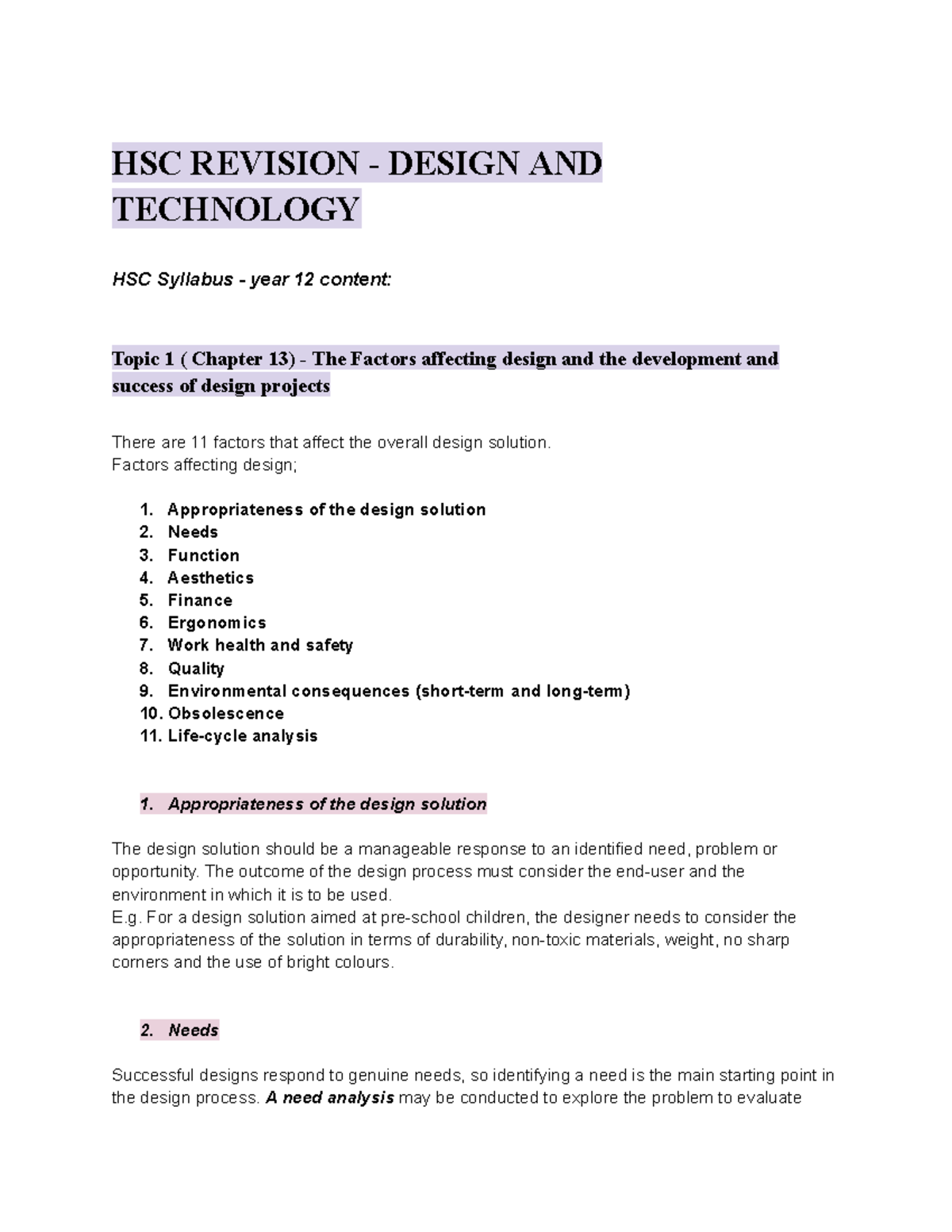 HSC Design & Technology: Key Factors in Design Success - Study Notes ...