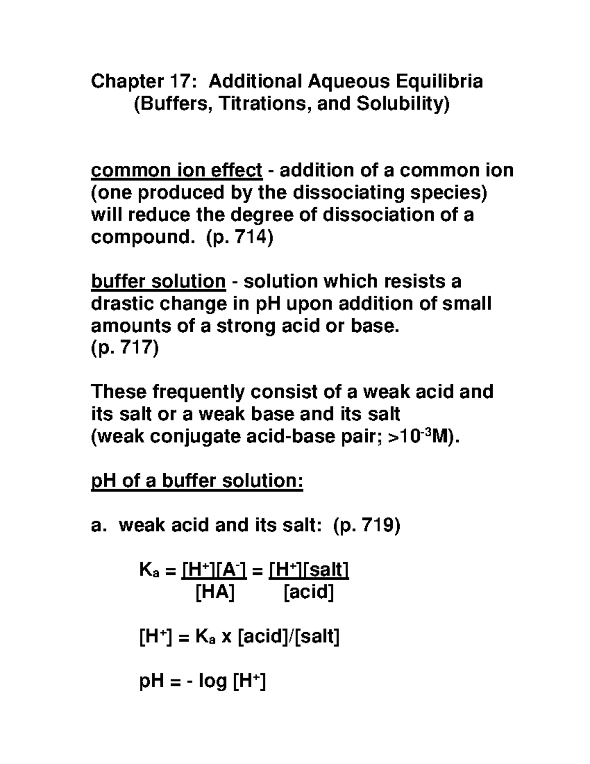 Chapter 17: Aqueous Equilibria - Buffers, Titrations & Solubility - Studocu