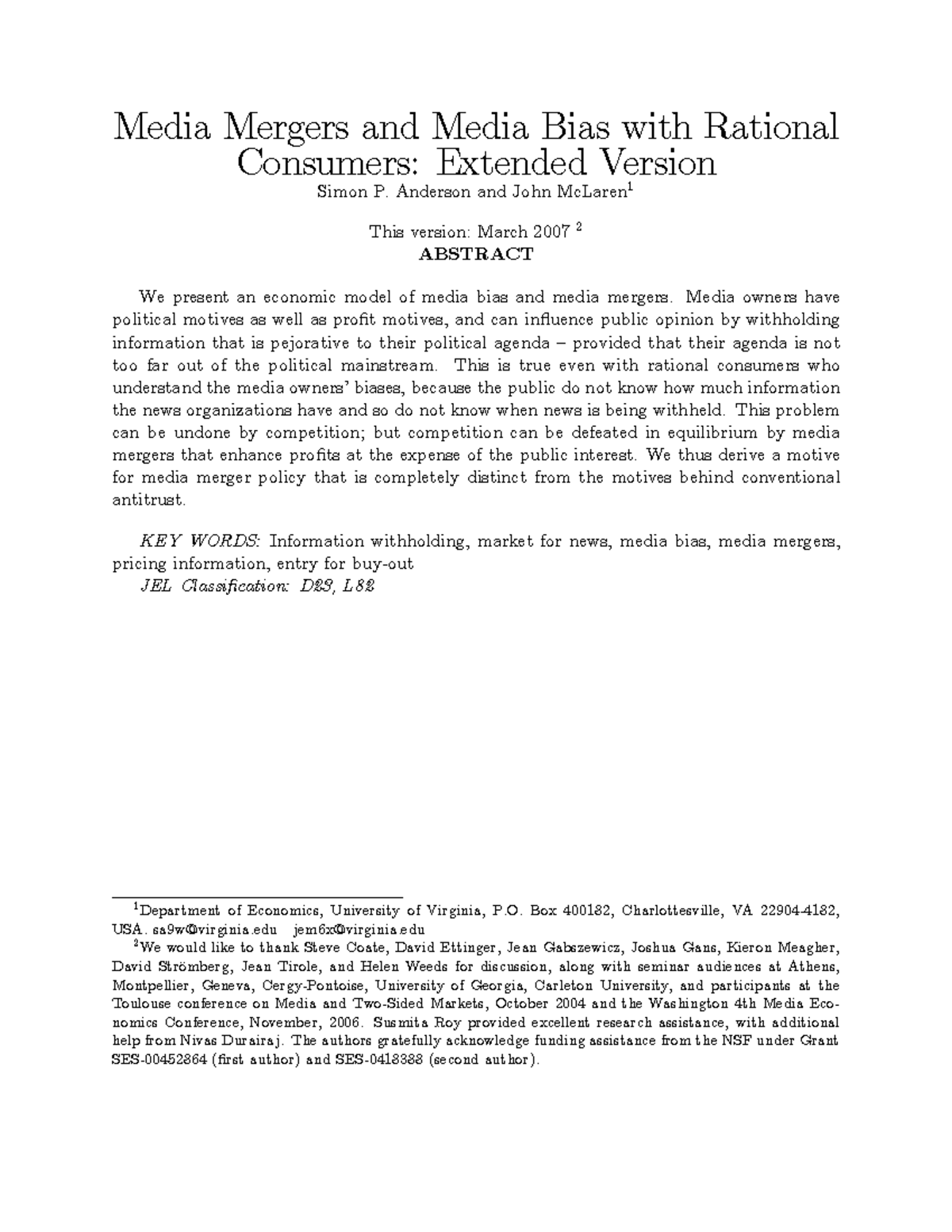 Media Mergers and Bias: An Economic Model (ECO 2007) - Studocu
