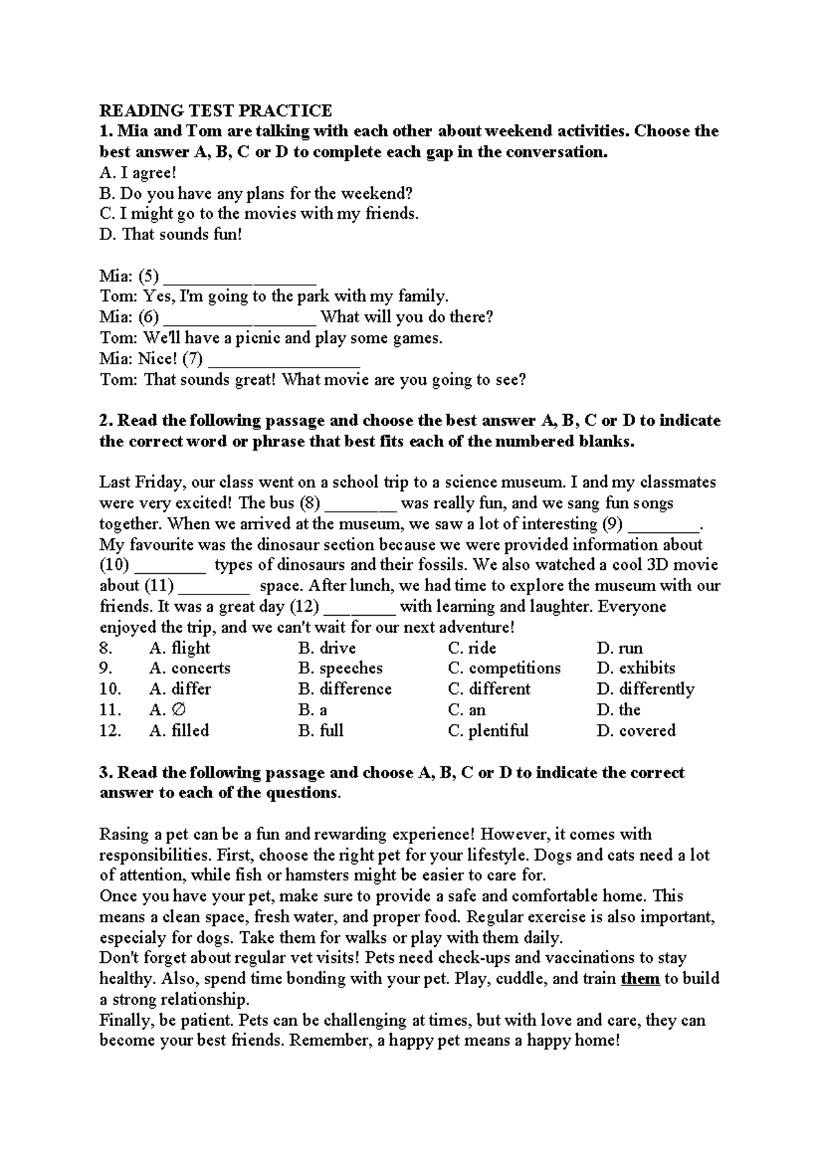 Reading Test Practice 1-6: Engaging Conversations and Comprehension ...