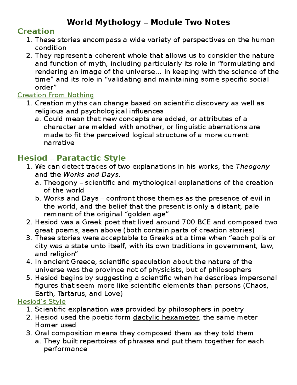World Mythology: Module Two Detailed Lecture Notes - Studocu