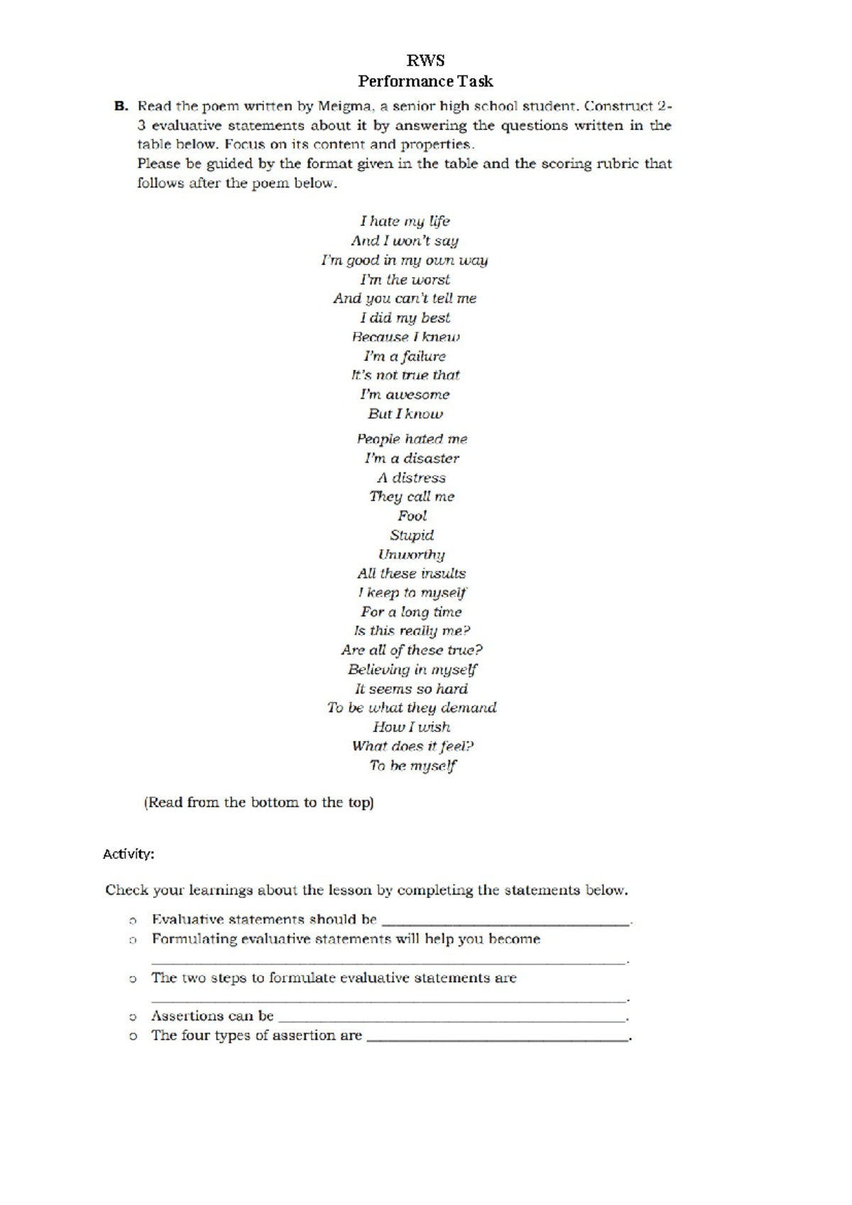 RWS Performance Task: Evaluating Meigma's Poem Insights - Studocu