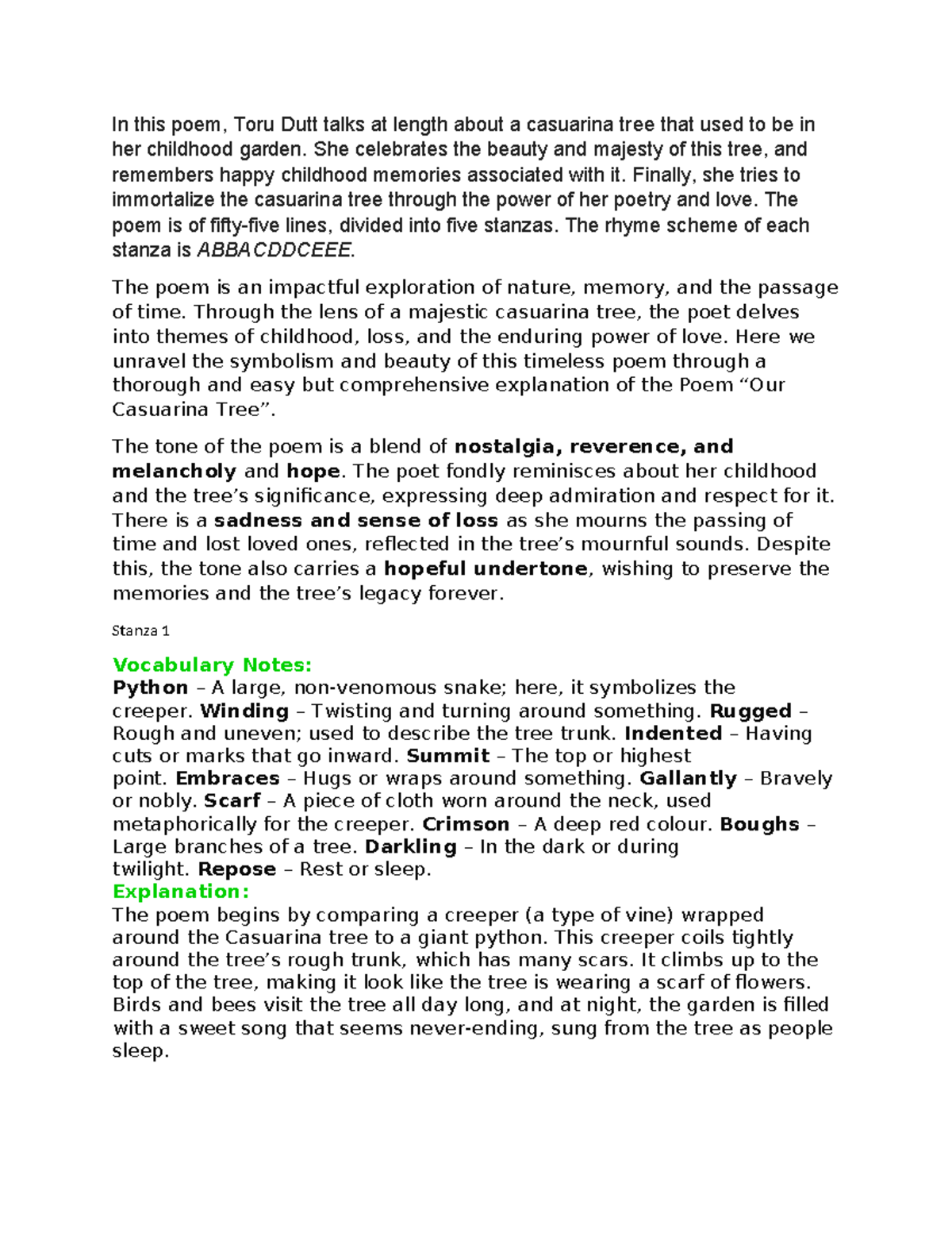 Lecture on Toru Dutt's Poem "The Casuarina Tree" Analysis - Studocu