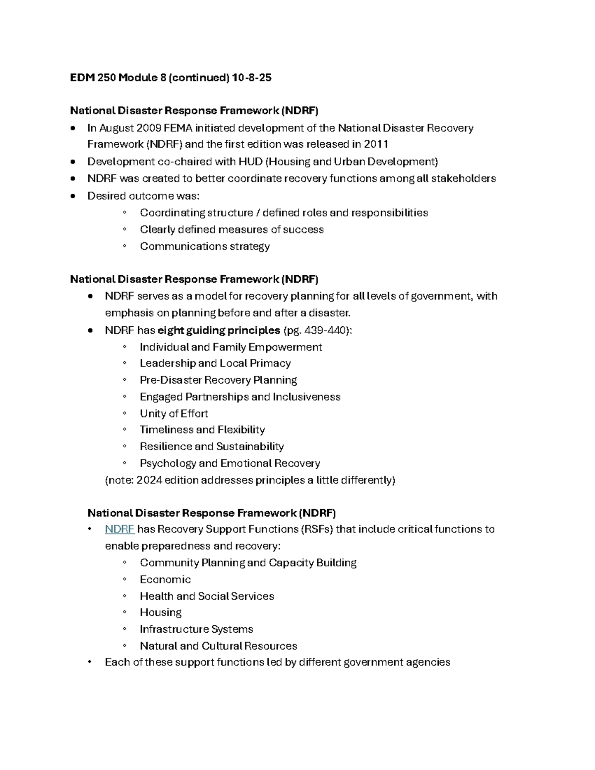 EDM 250 Quiz Prep: Overview of the National Disaster Response Framework ...