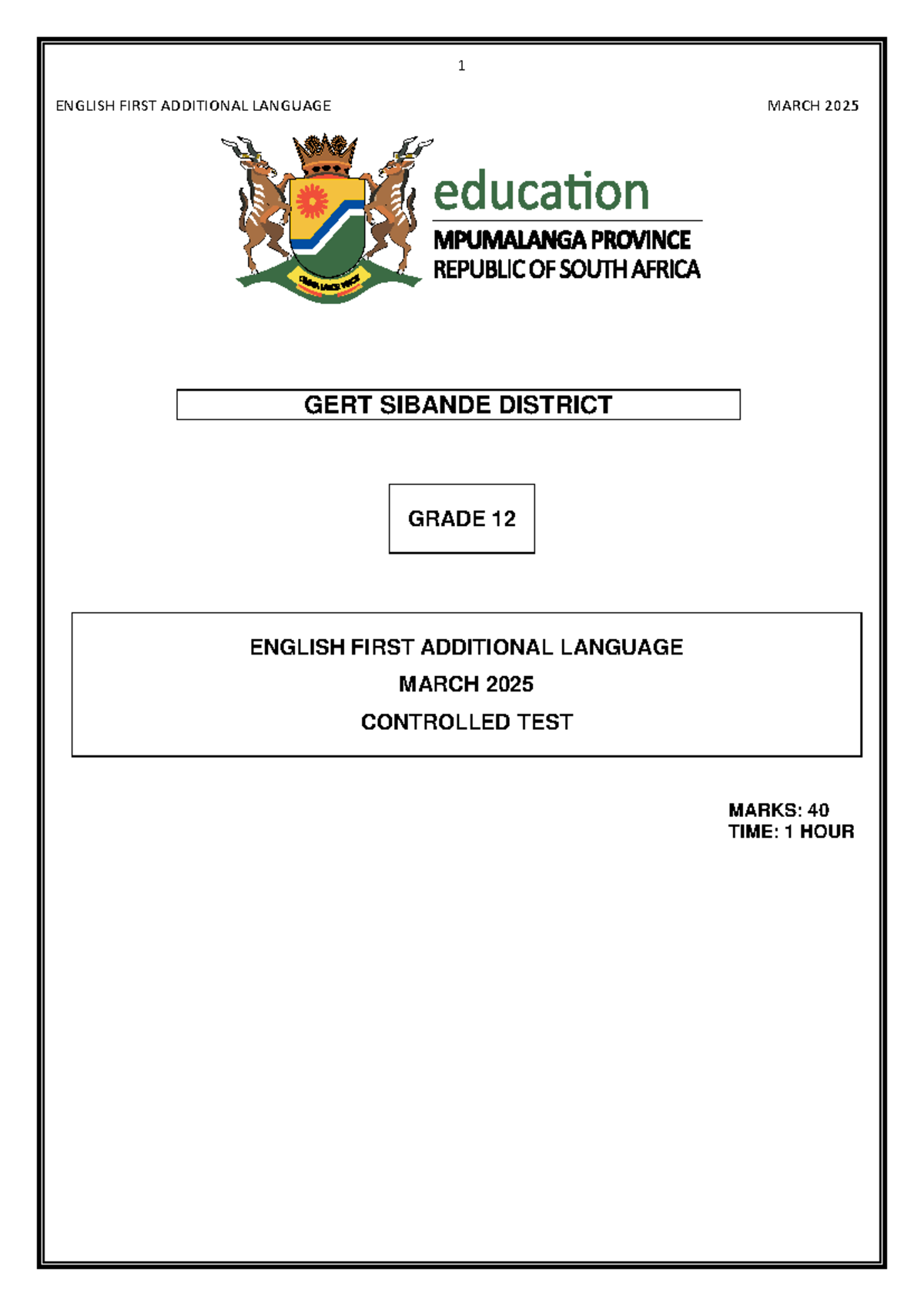 Grade 12 English First Additional Language March 2025 QP - Studocu
