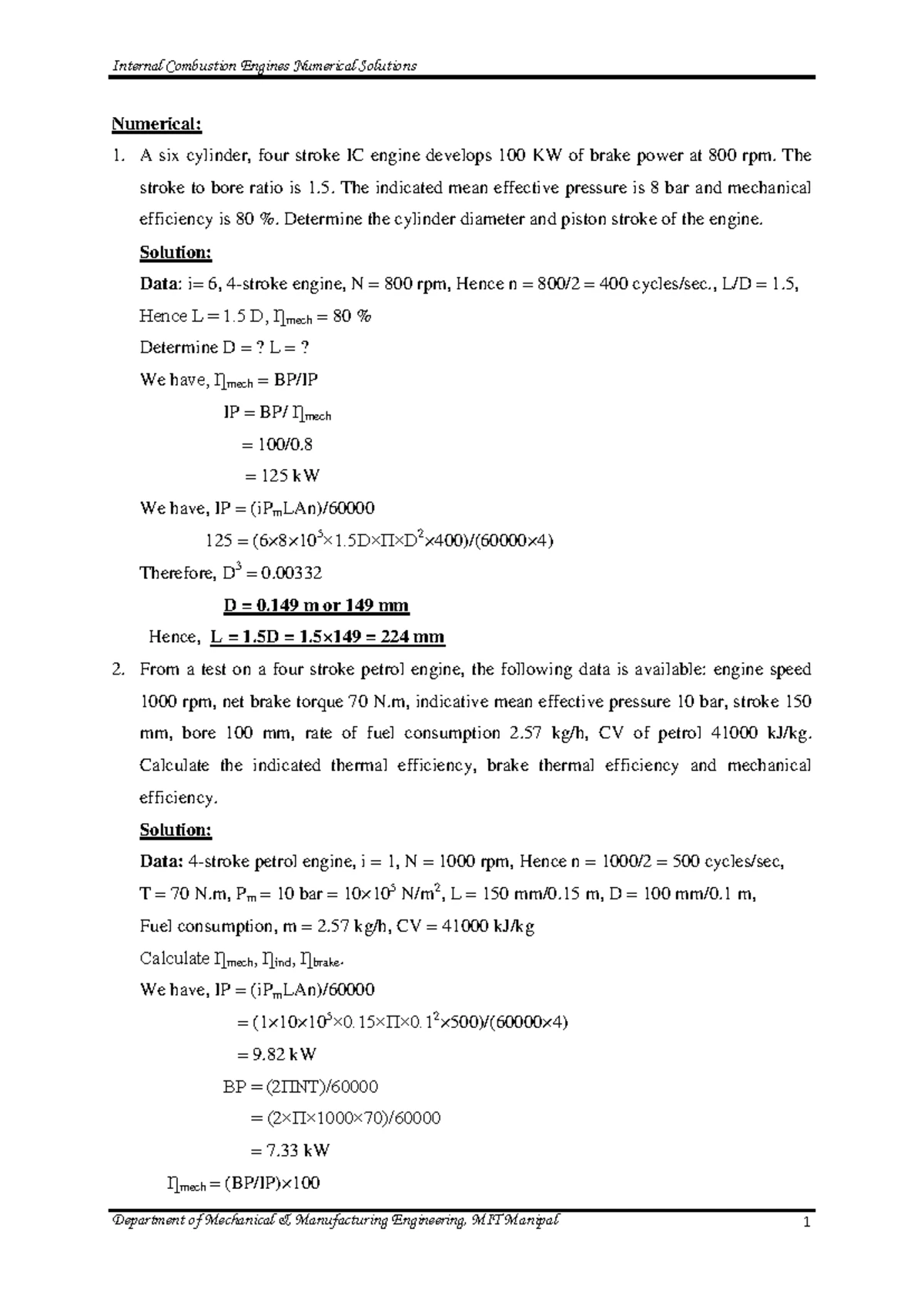 Ic Engines Numerical These Are Practice Questions For Applications Of Concepts Numerical A