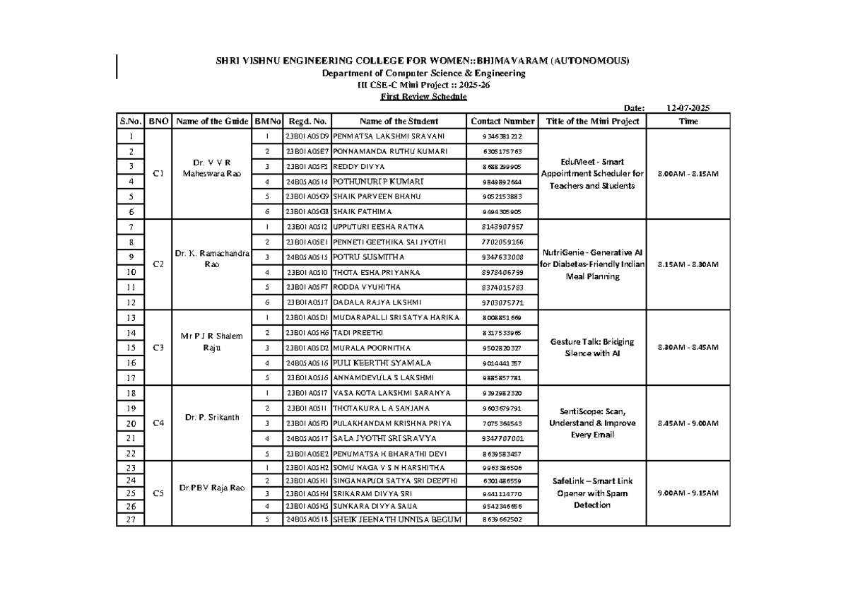 Mini Project Review Schedule for CSE 3-1-C (2023-2027) - Studocu
