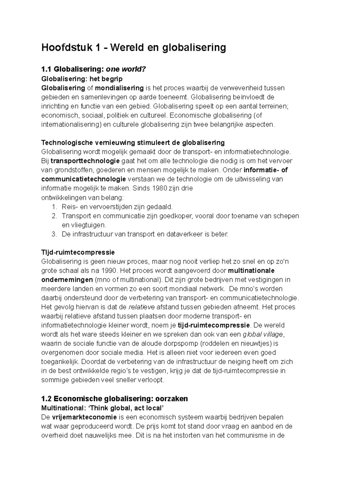 Samenvatting Aardrijkskunde Havo 5 - Hoofdstuk 1: Wereld en Globalisering - Studeersnel