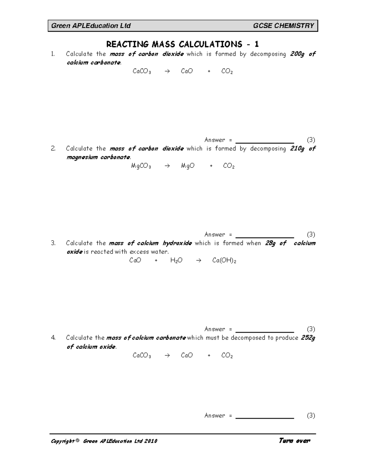 GCSE Chemistry Reacting Mass Calculations - Green APLEducation Ltd ...