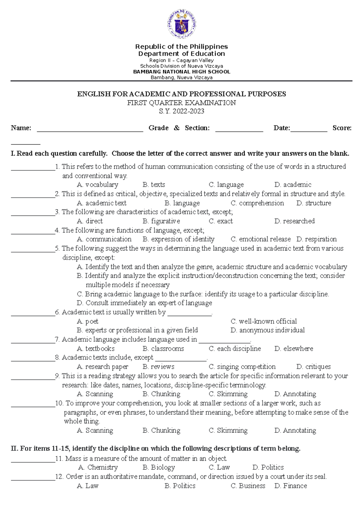 EAPP 1Q Exam - English for Acad. and Prof. Purposes Review Notes - Studocu