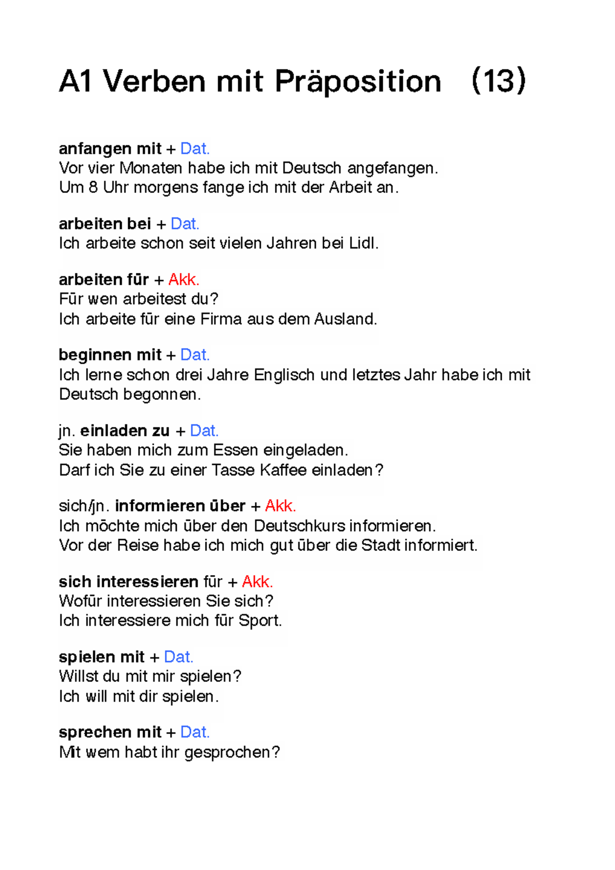 A1-B1 Verben mit Präposition - A1 Verben mit Präposition （13） anfangen ...