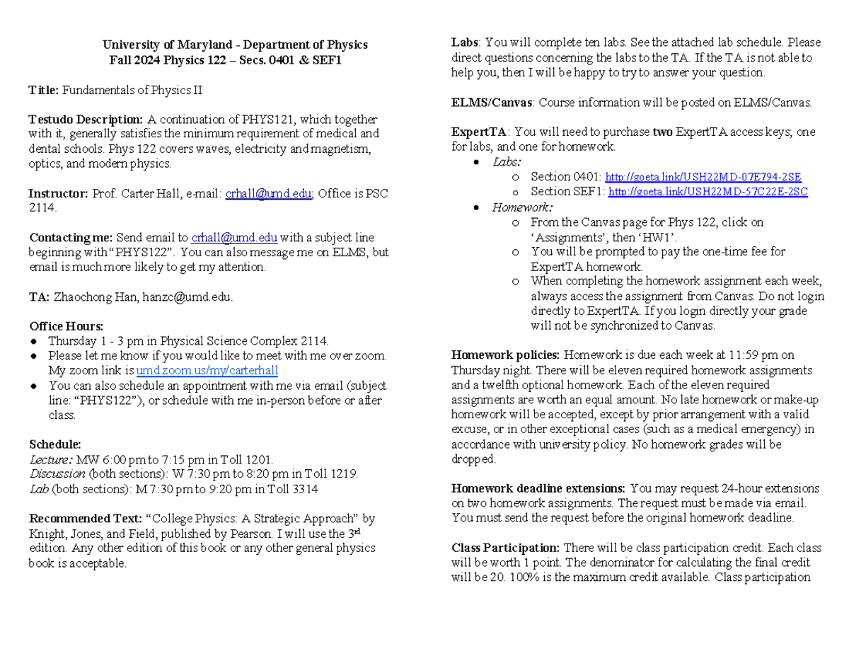 Phys 122 Fall 2024 syllabus - fundamentals of physics II - Studocu