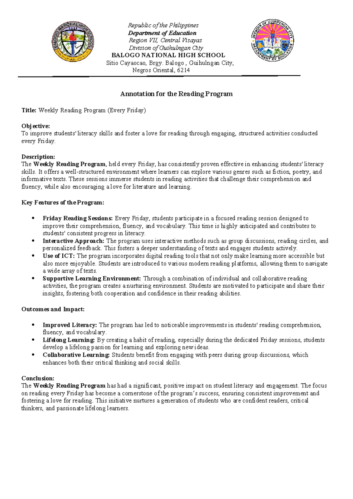 Weekly Reading Program (Every Friday) - Annotation for Reading Prog ...