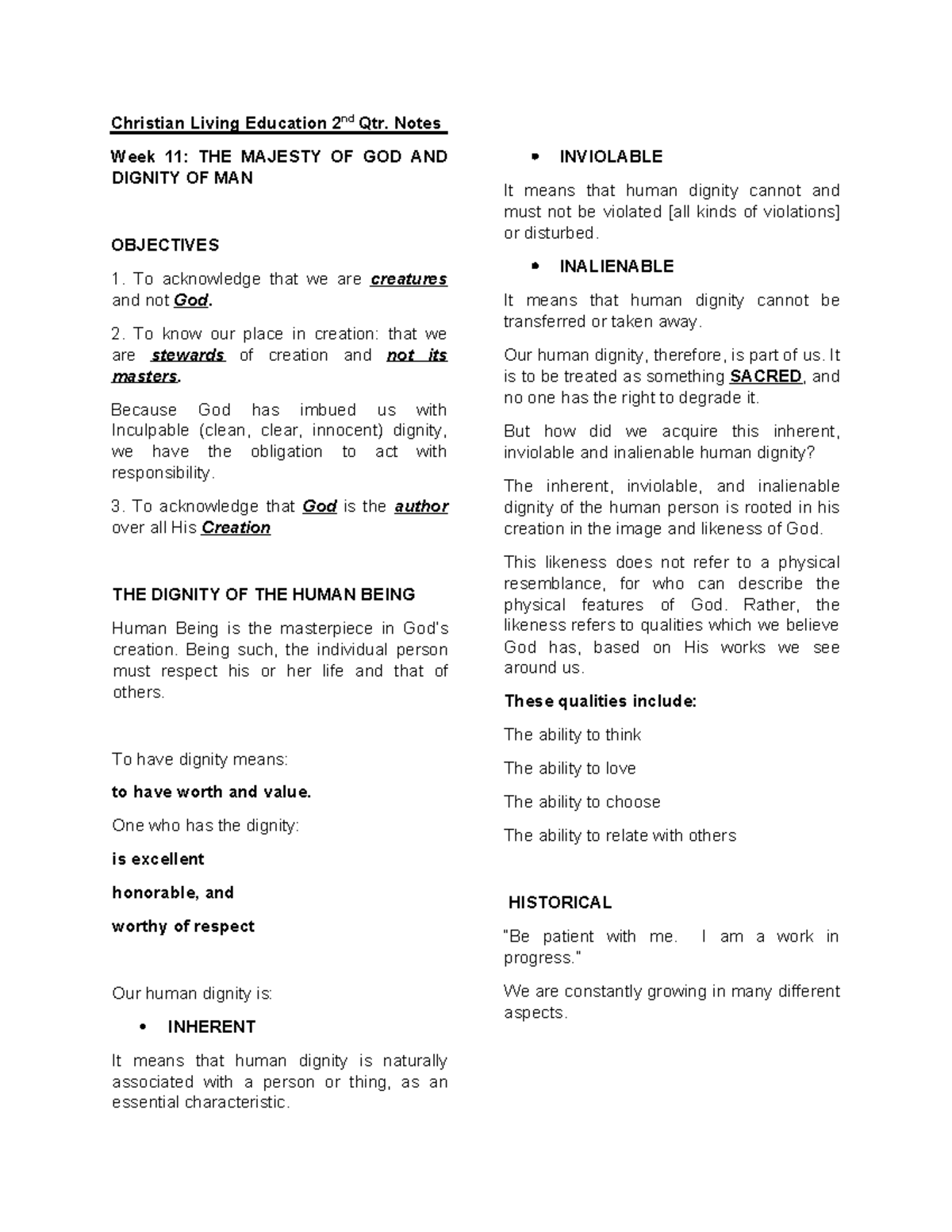 Christian Living Education 2nd Qtr. notes: The majesty of God and ...