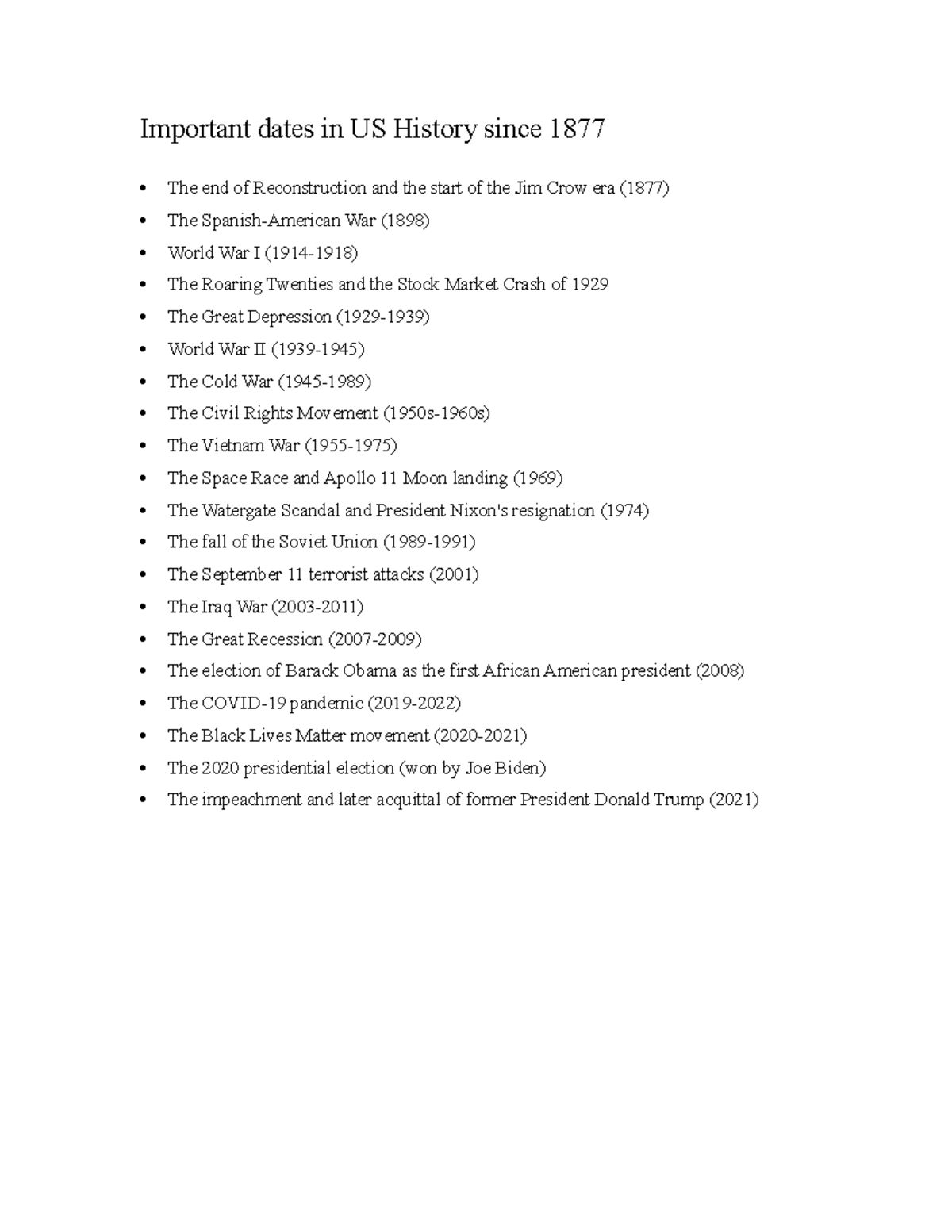 US History Highlights: Key Dates Since 1877 and Major Conflicts - Studocu