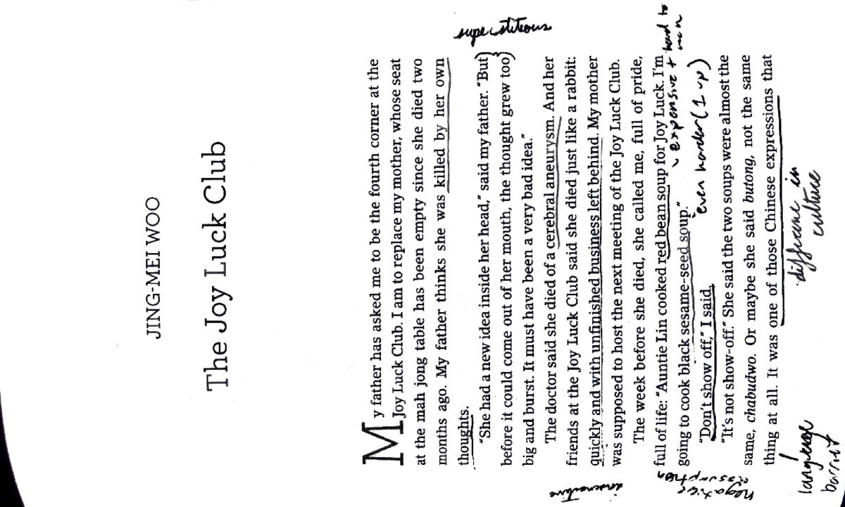The Joy Luck Club Annotations: Chapter Insights and Reflections - Studocu