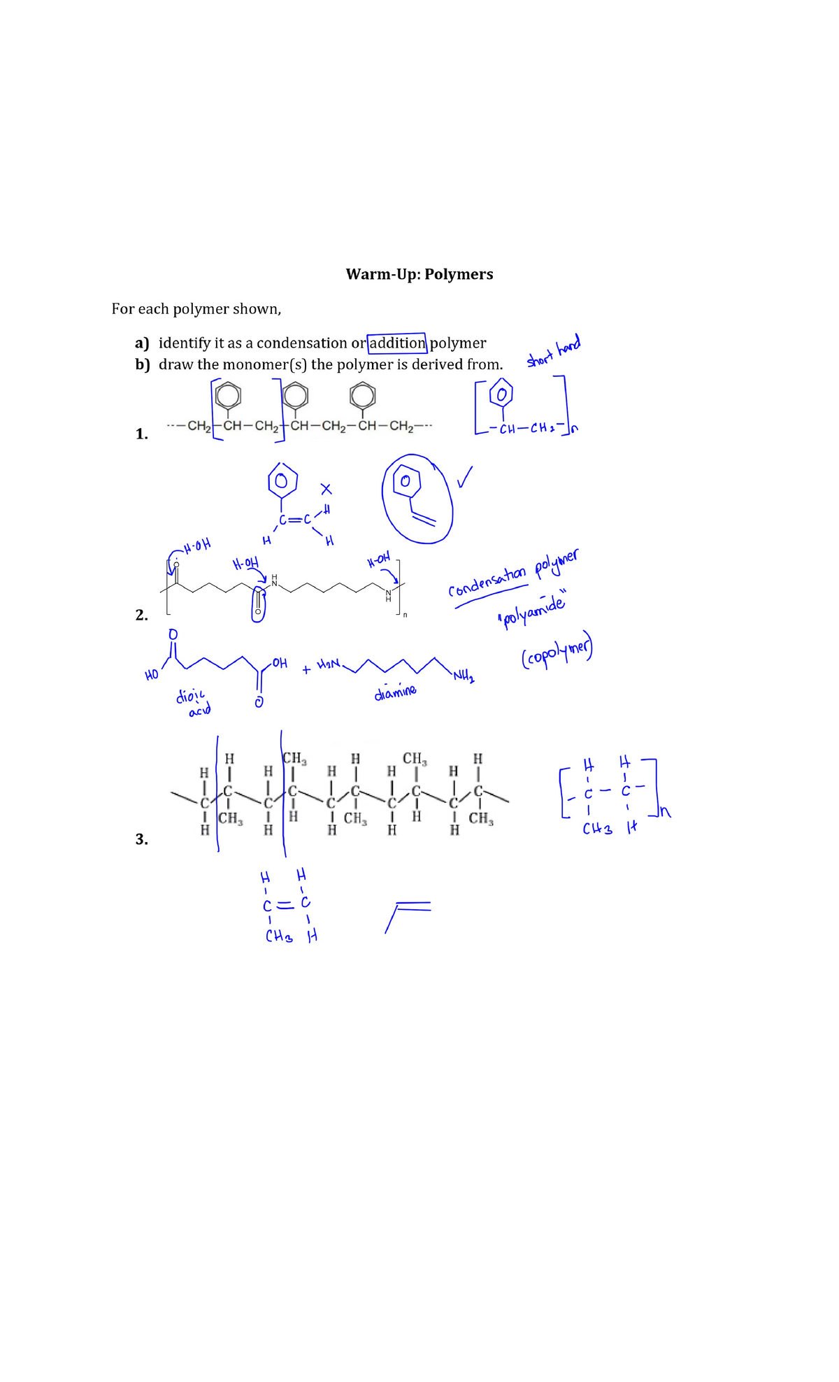 Quiz 9 Polymers Answer - Polymers For each polymer shown, a) identify ...