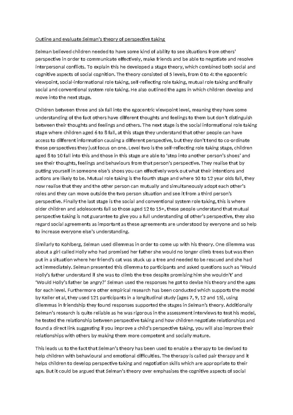 Evaluating Selman's Theory of Perspective Taking (PSY 201) - Studocu