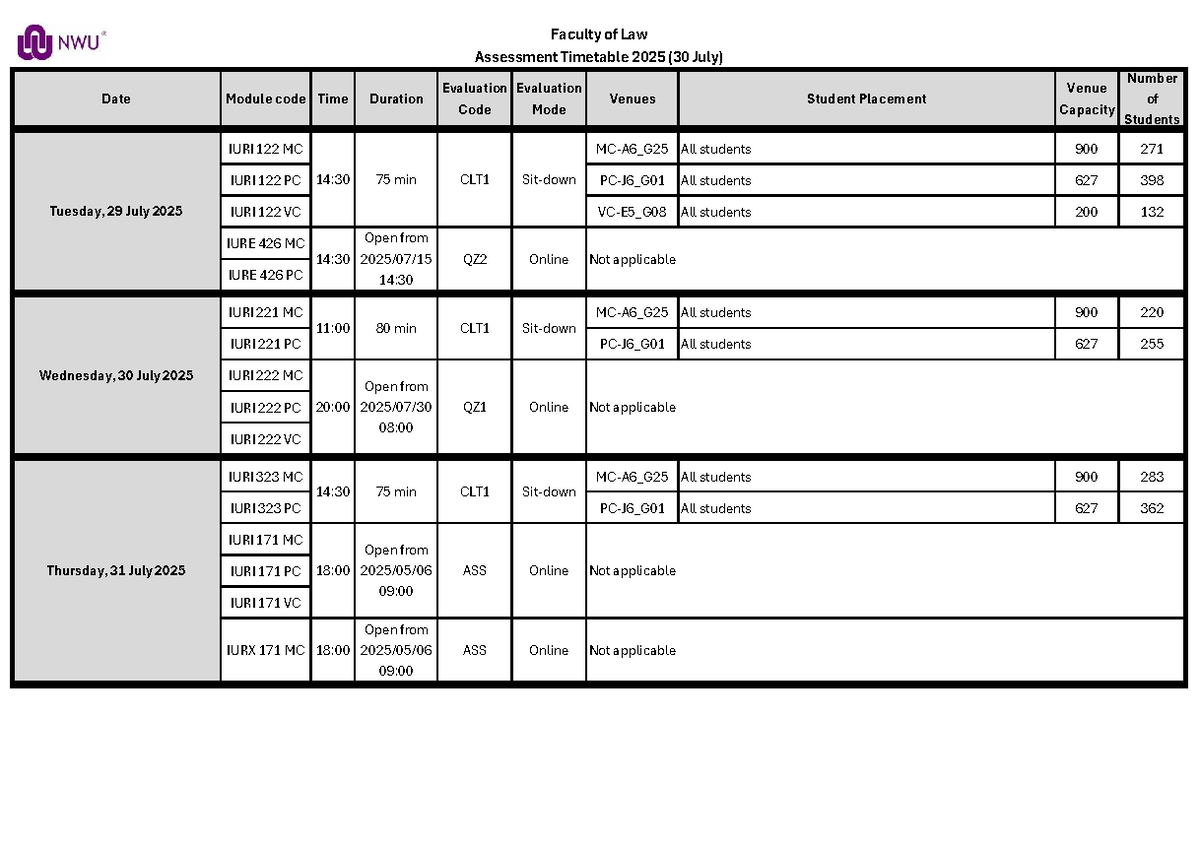 FLAW UG Assessment Timetable 2025 - Key Dates & Modules - Studocu