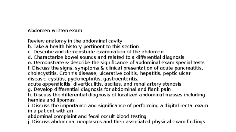 Abdomen Exam Review: Anatomy & Differential Diagnosis (Exam 3) - Studocu
