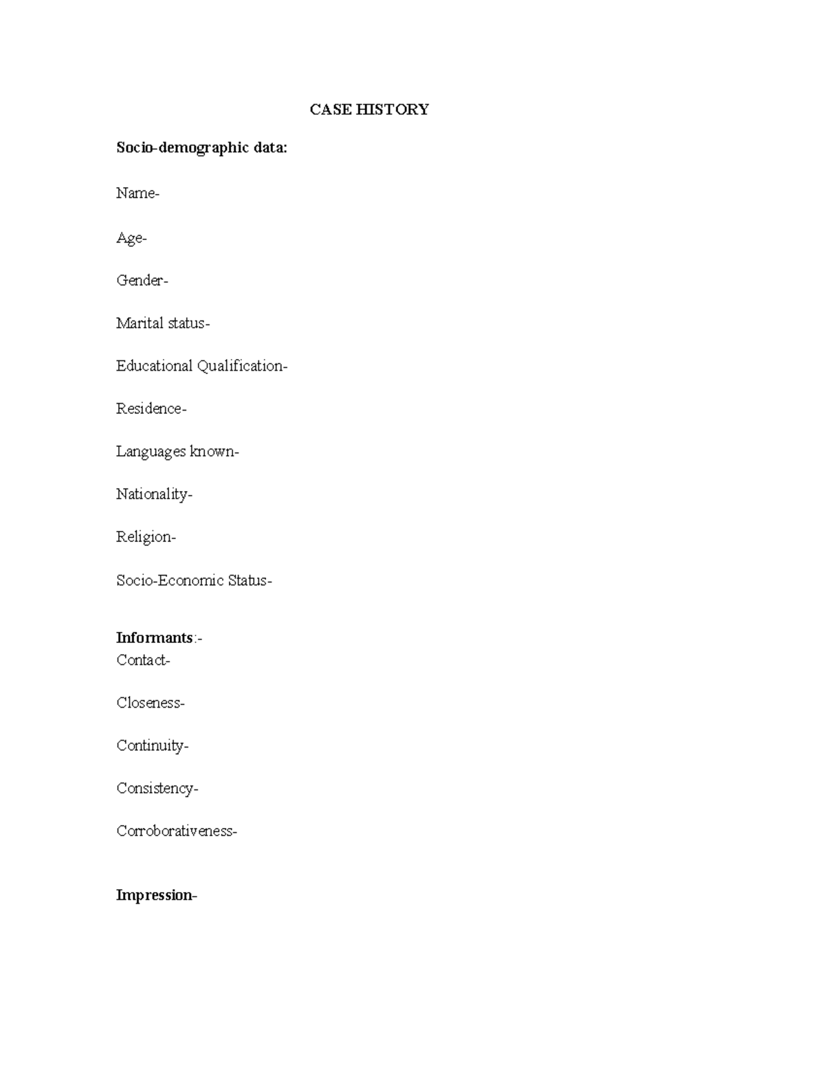 Case History Format for Clinical Assessment and Diagnosis - Studocu
