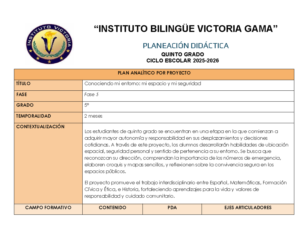PLAN ANALÍTICO POR PROYECTO 5° GRADO: Conociendo mi Entorno - Studocu