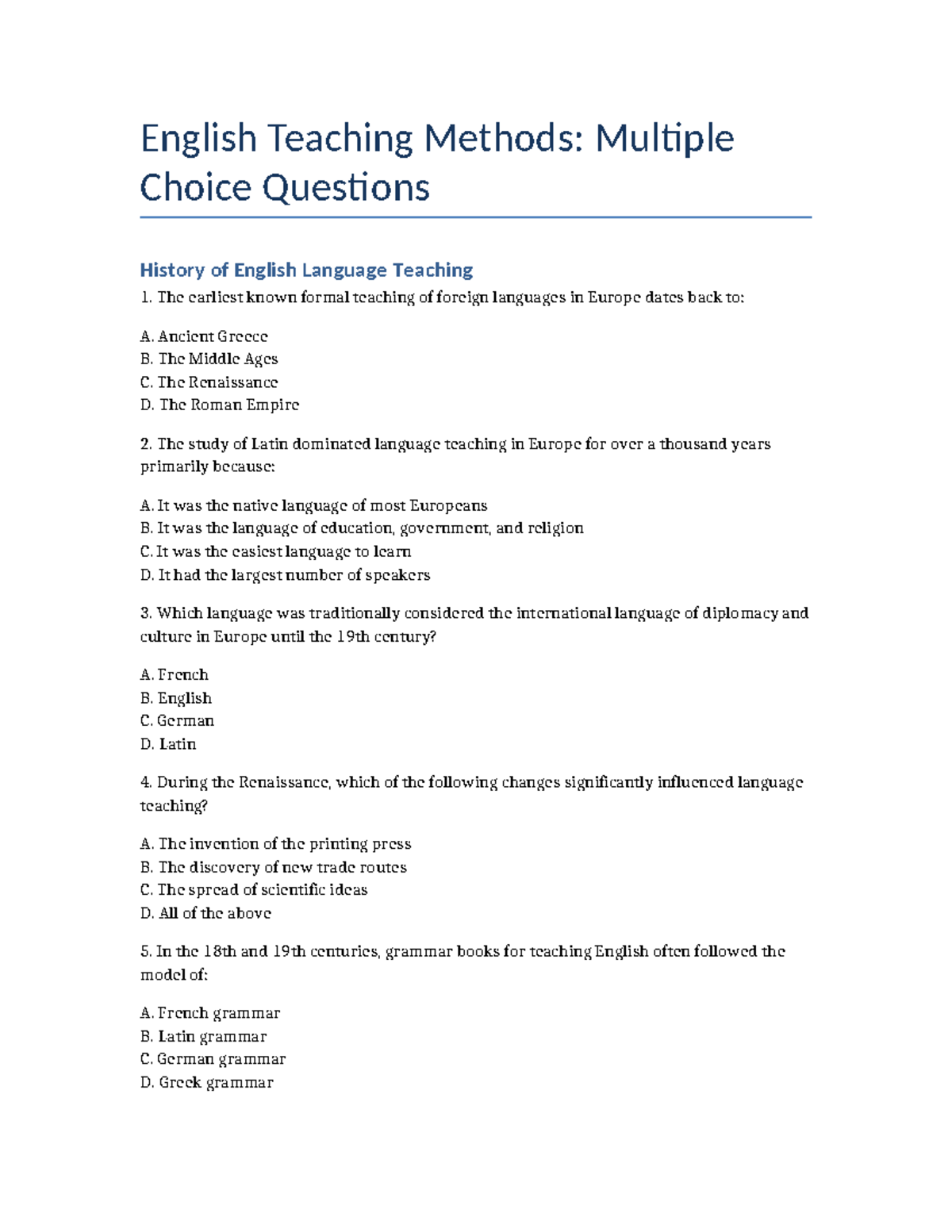 English Teaching Methods Questions - English Teaching Methods: Multiple ...