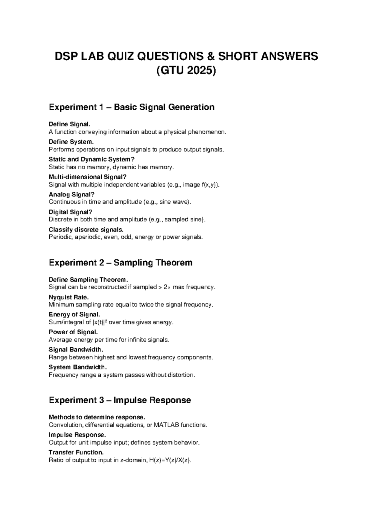 DSP LAB QUIZ QA SHORT ANSWERS (GTU 2025) - Studocu