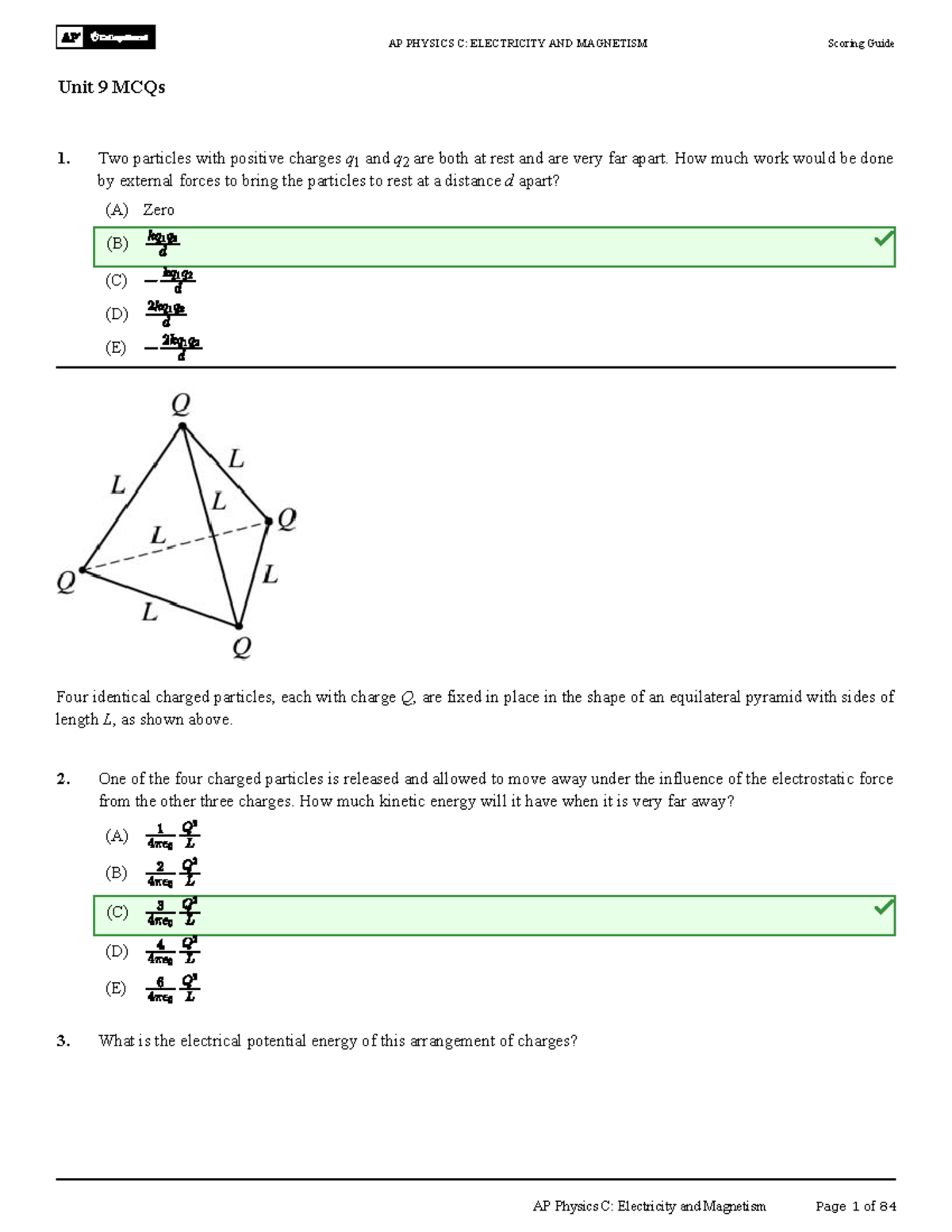 AP PHYSICS C: ELECTRICITY AND MAGNETISM Unit 9 MCQs Scoring Guide - Studocu