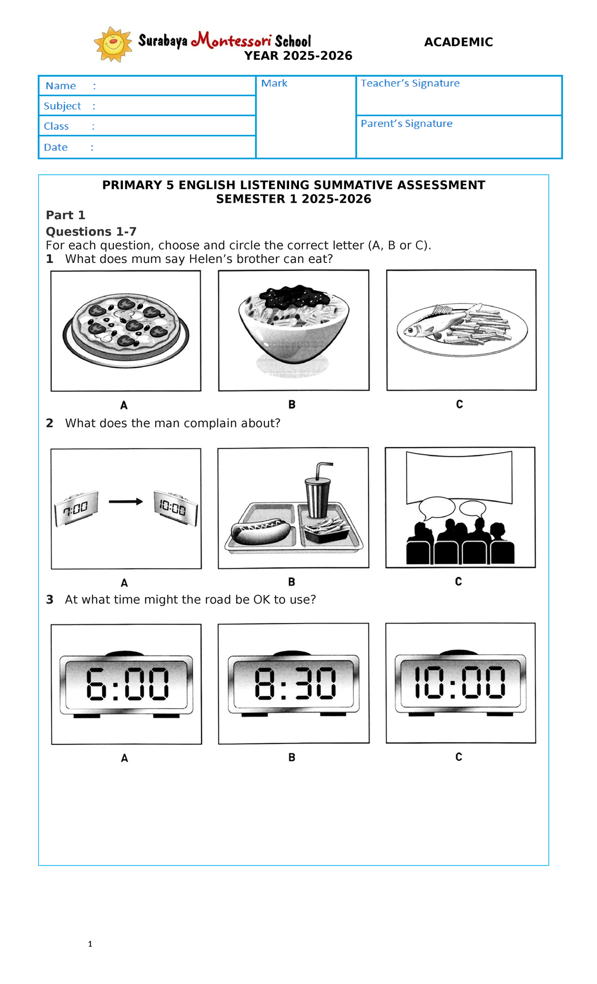 P5 English Listening Summative Assessment Semester 1 - Part 1 Questions ...