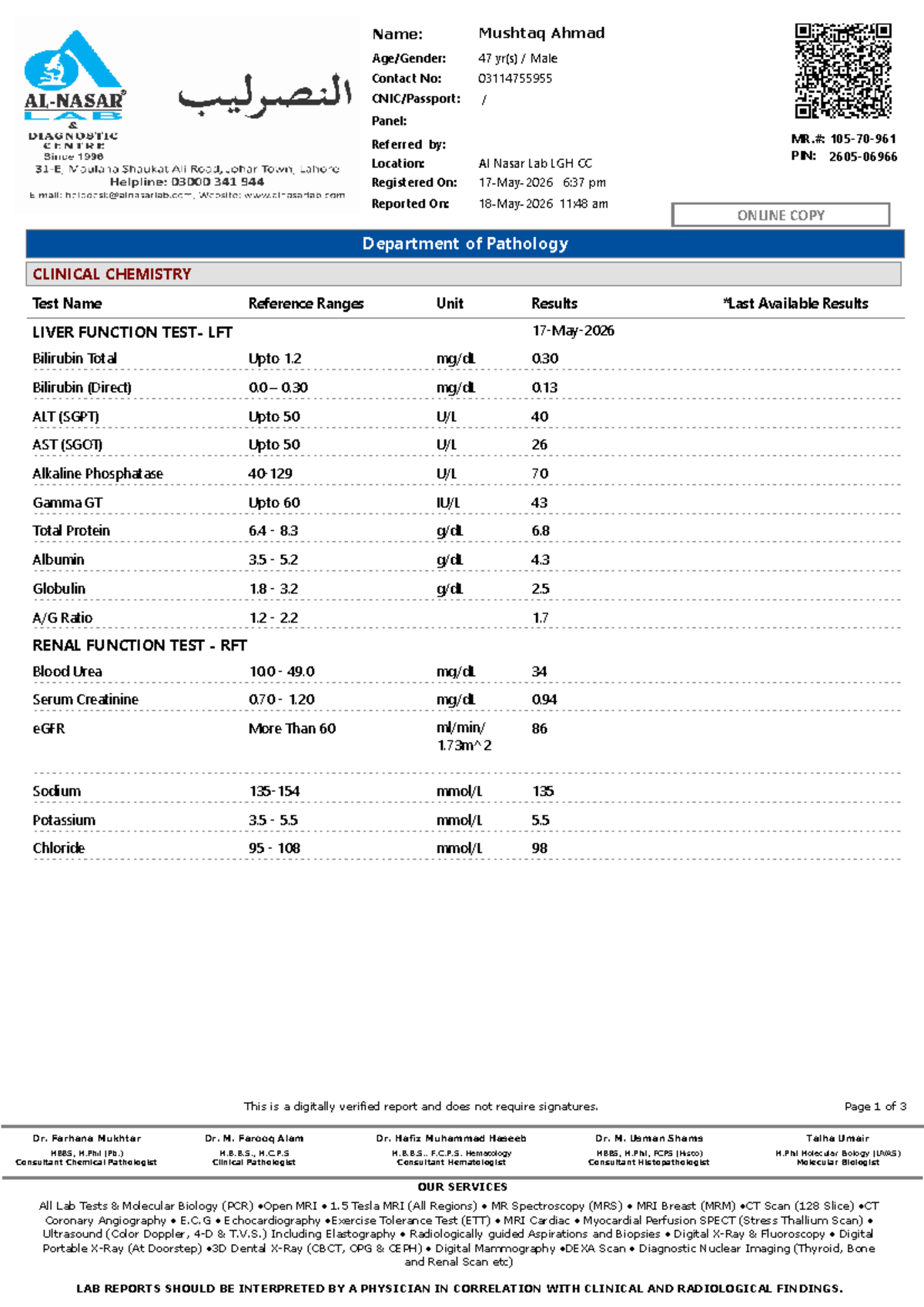 Clinical Lab Report: Mushtaq Ahmad - Test Results (2605-06966) - Studocu