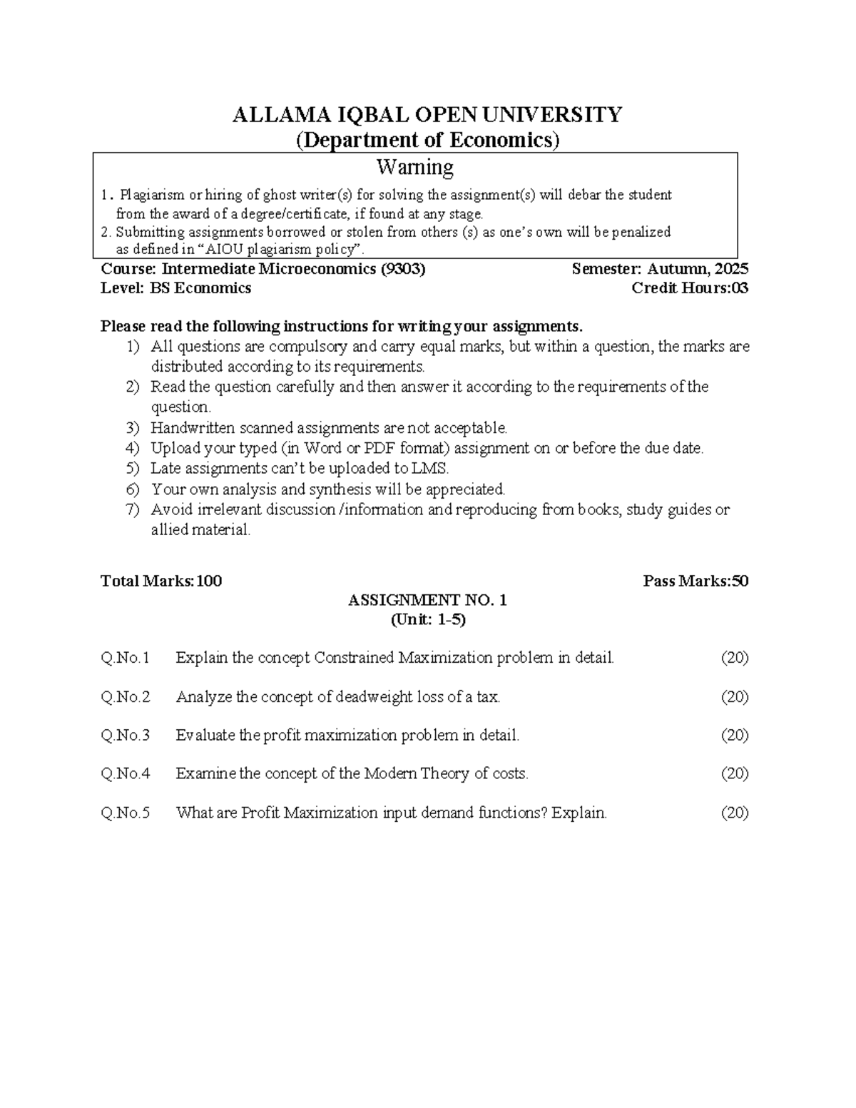 Intermediate Microeconomics (9303) Assignment Guidelines & Topics - Studocu